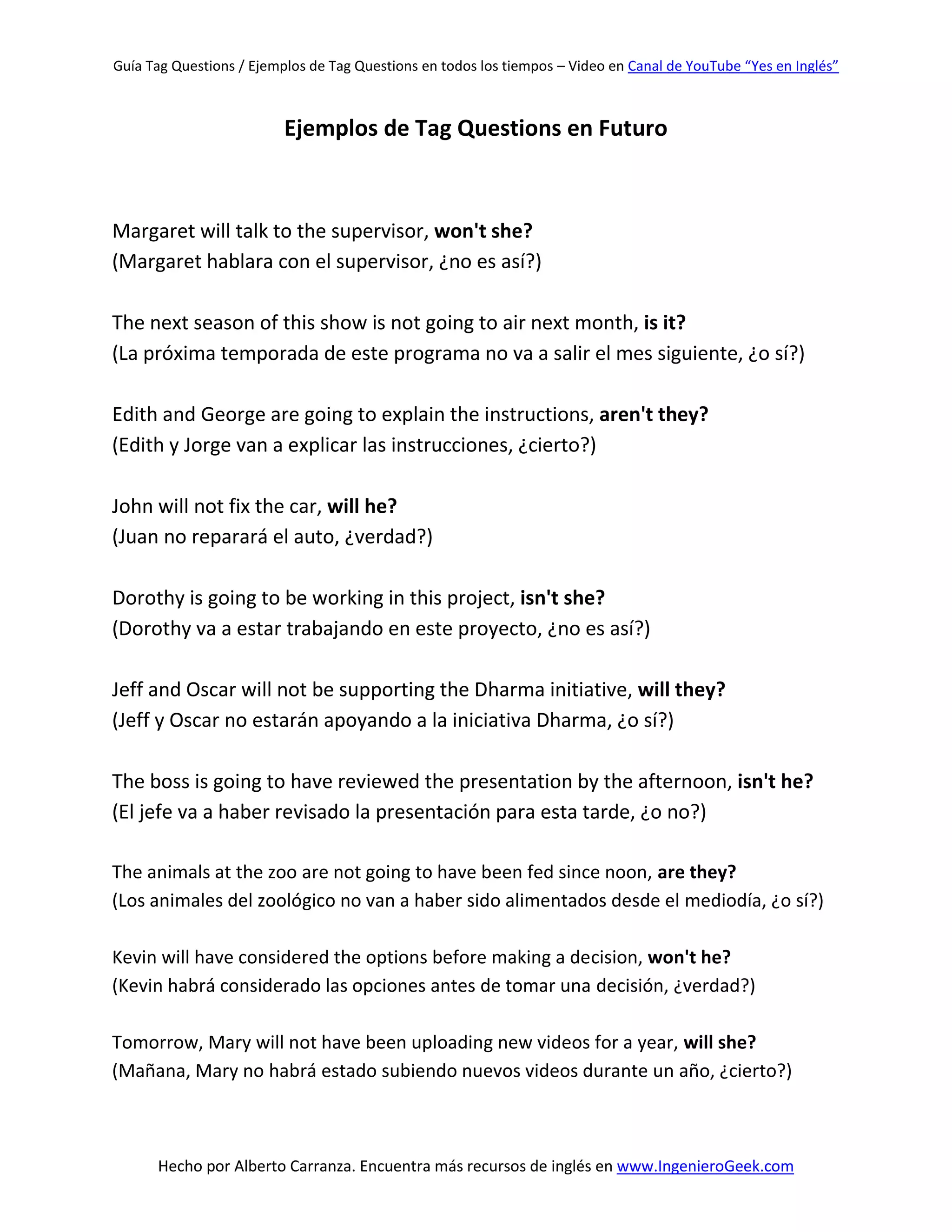 50 ejemplos de tag questions en todos los tiempos verbales | PDF