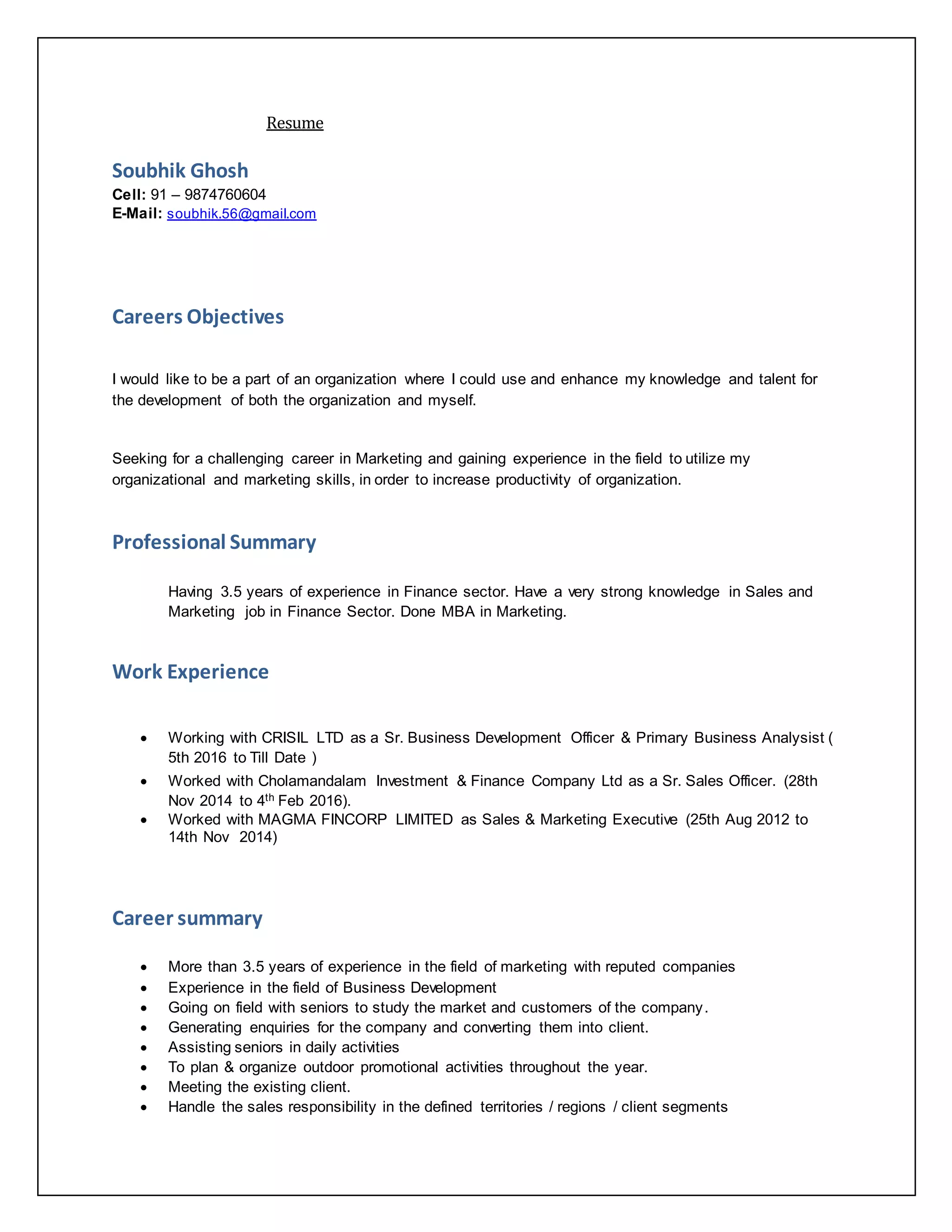 Soubhik Ghosh, MBA 3 Years of Exp in Sales & Marketing | PDF