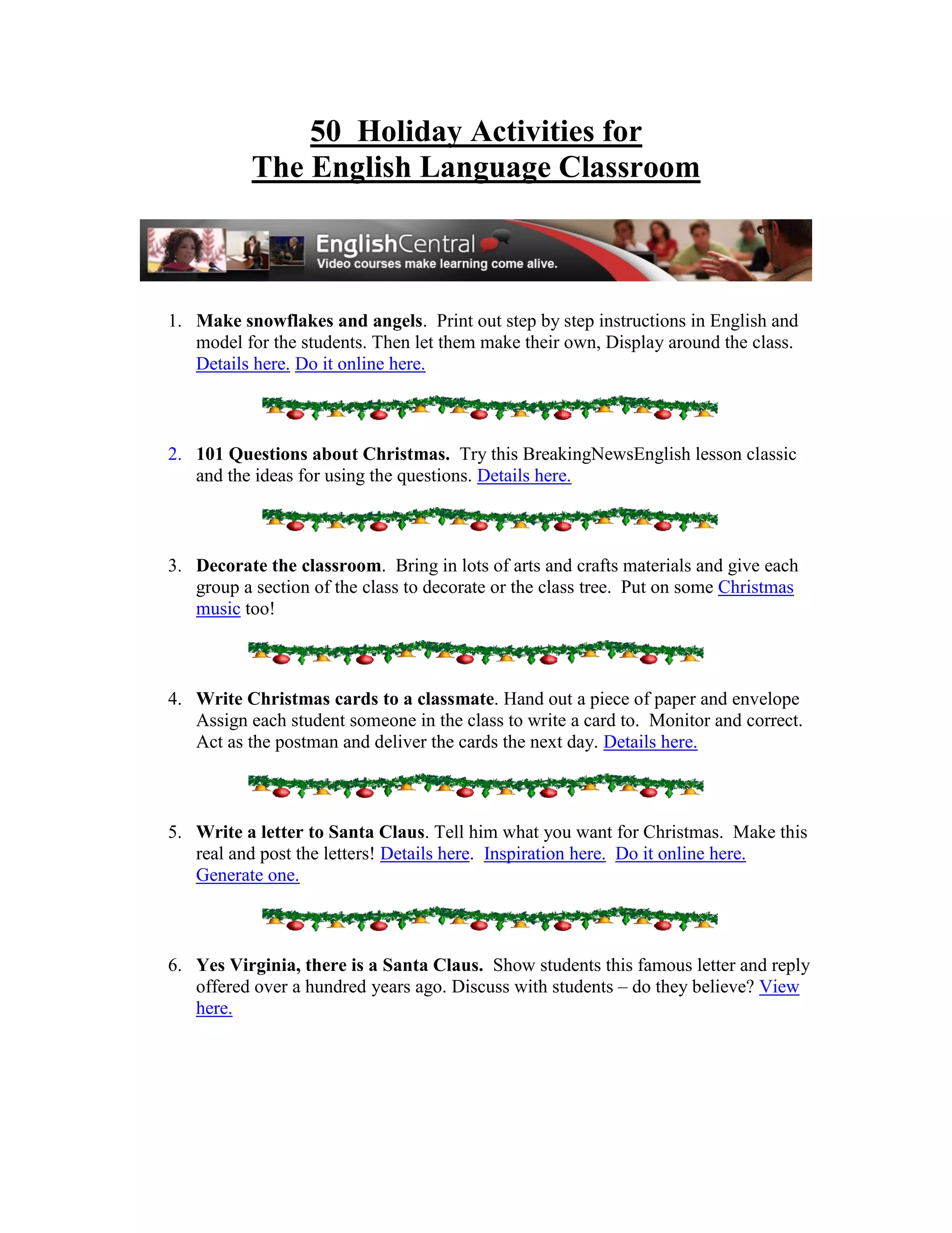 50 holiday activities for the english language classroom | PDF