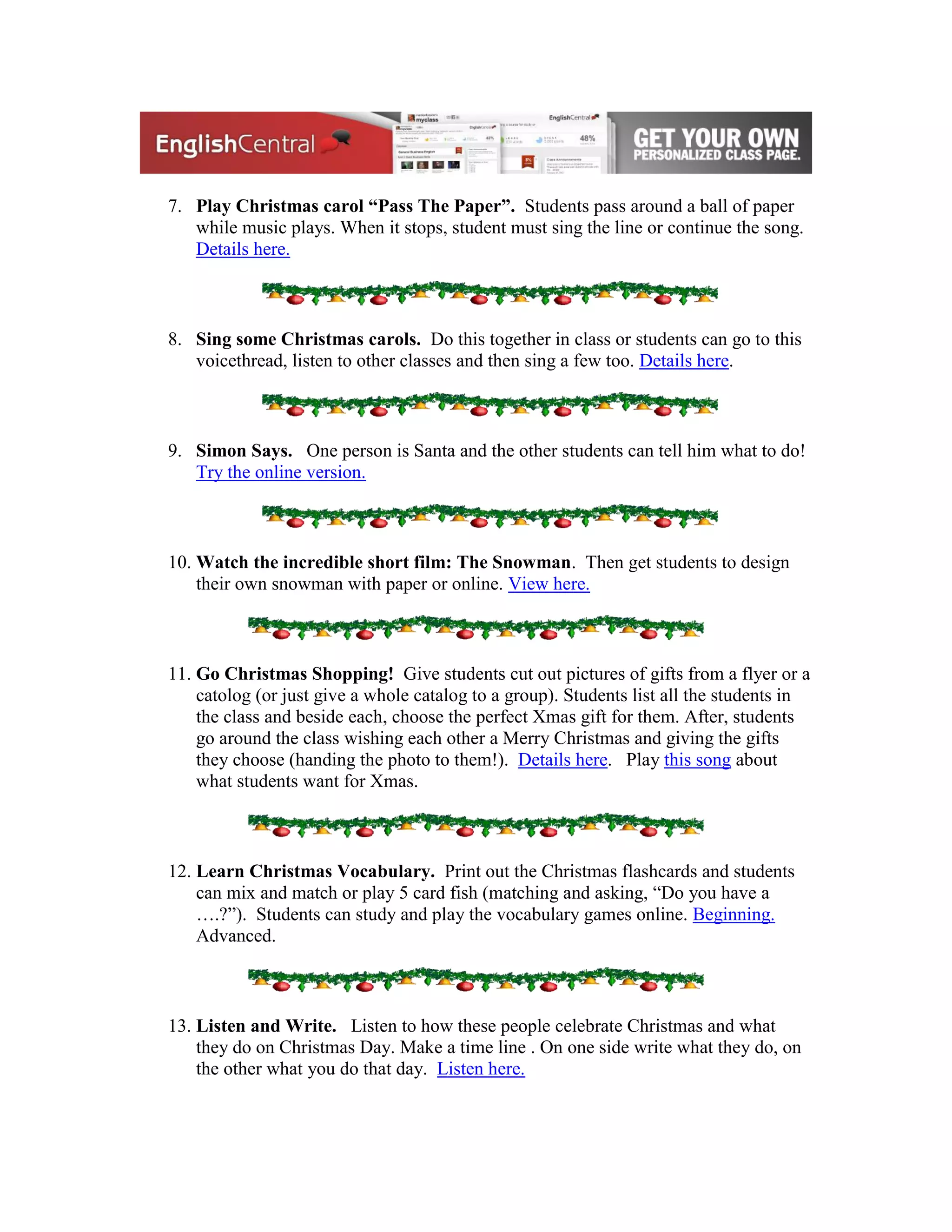 50 holiday activities for the english language classroom | PDF