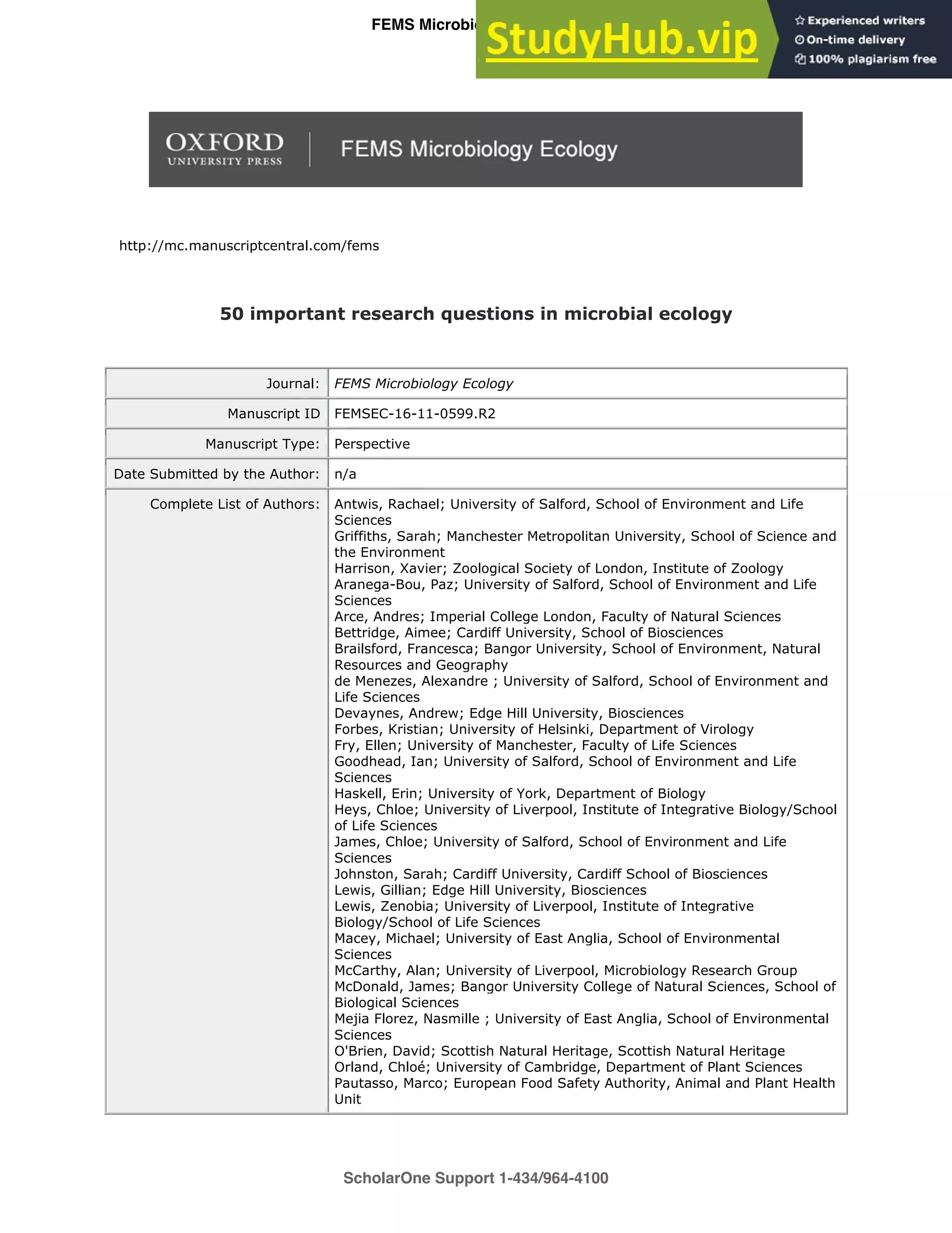 50 Important Research Questions In Microbial Ecology | PDF