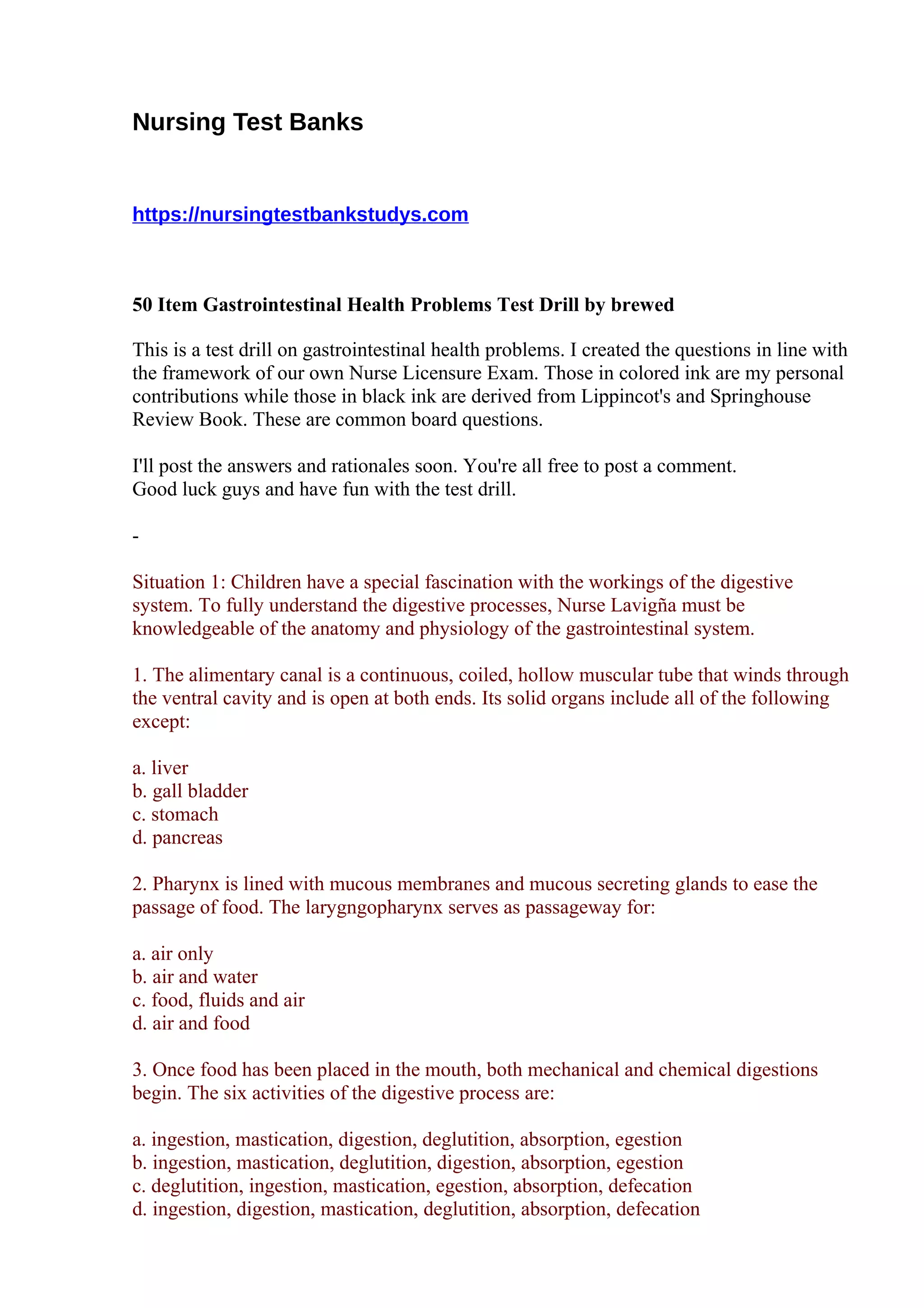 50 item gastrointestinal nursing test banks | DOC