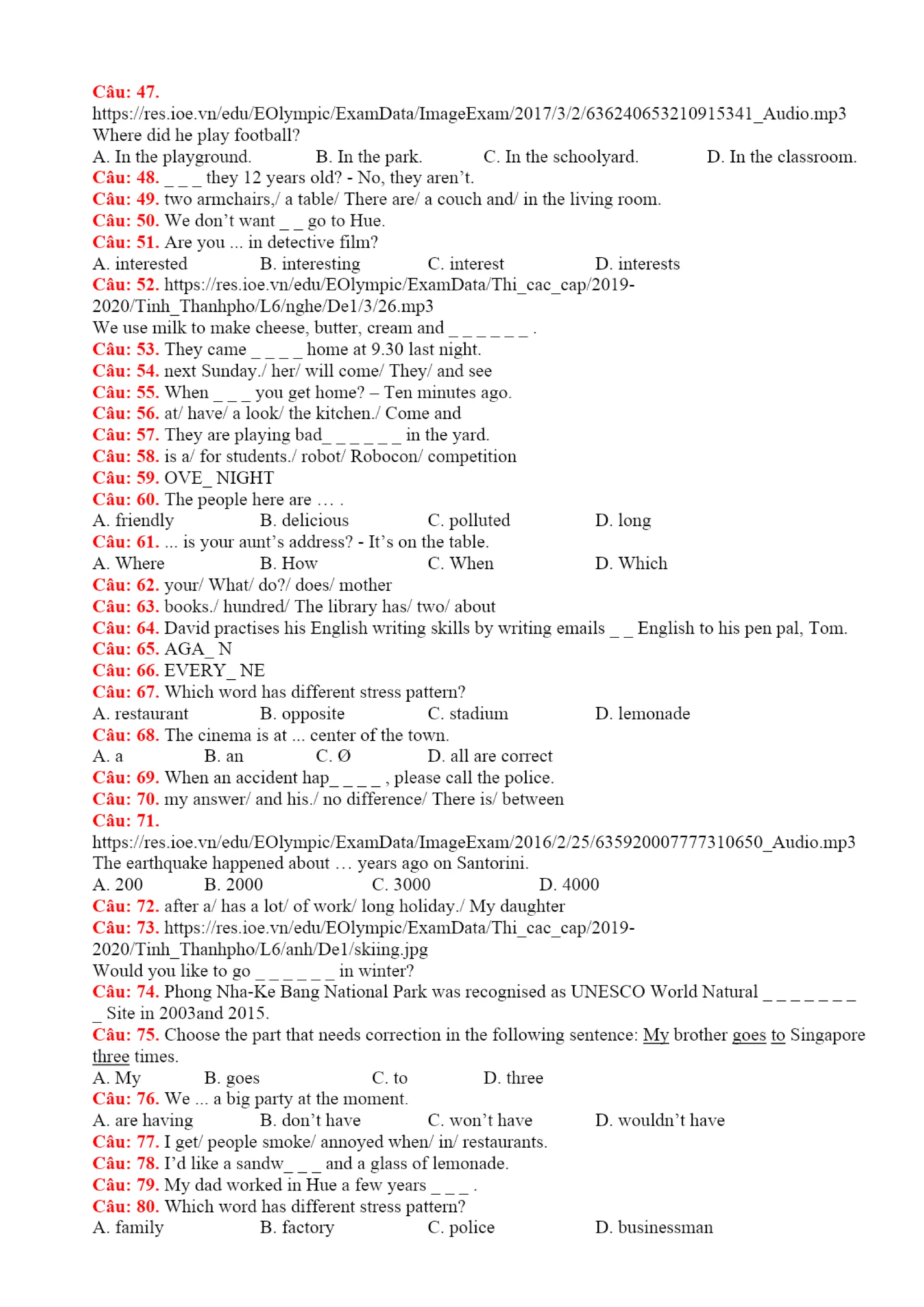 50 ĐỀ LUYỆN THI IOE LỚP 6 - NĂM HỌC 2022-2023 (CÓ LINK HÌNH, FILE AUDIO VÀ ĐÁP ÁN) (BỘ CHUẨN ...