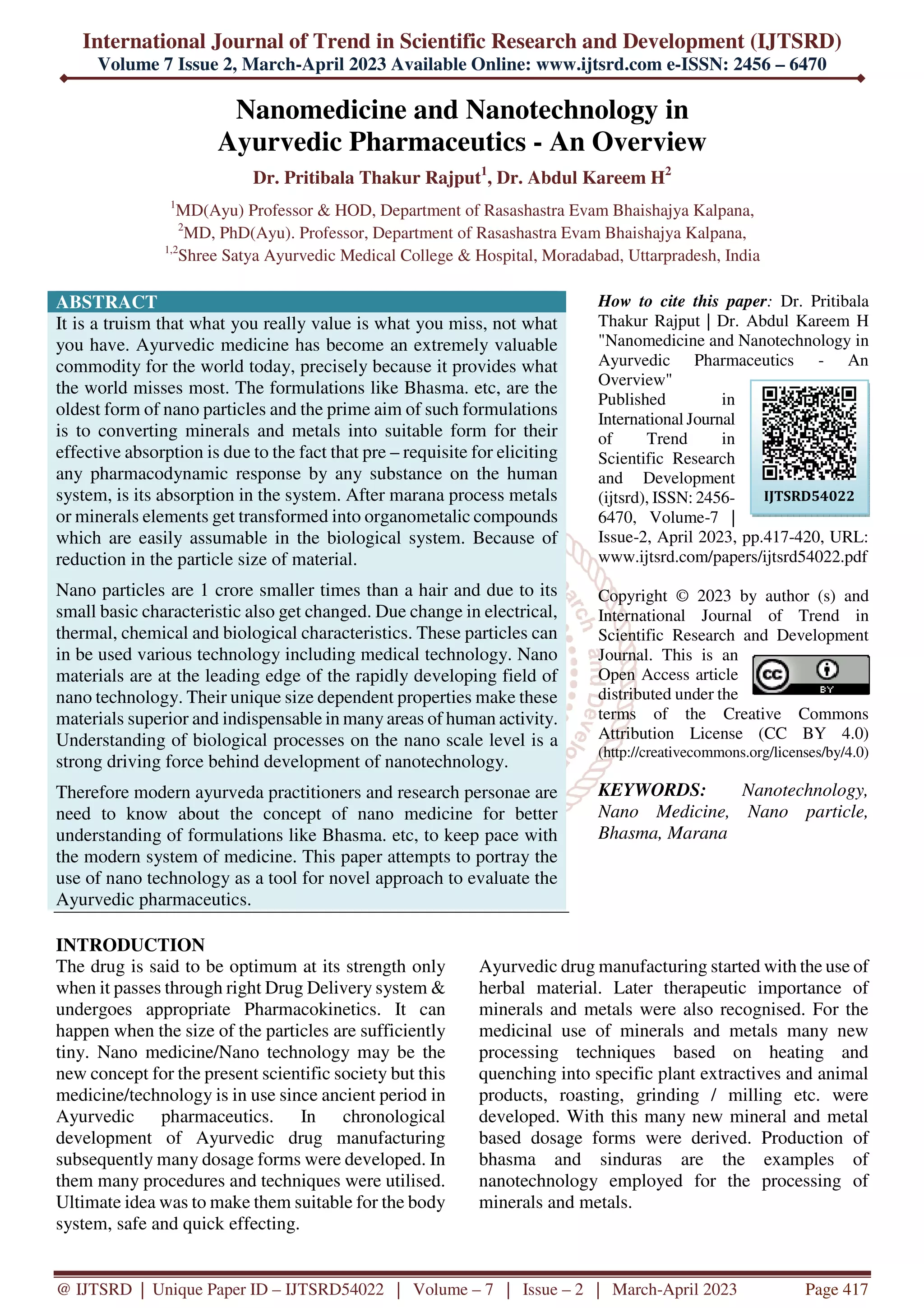 Nanomedicine and Nanotechnology in Ayurvedic Pharmaceutics An Overview | PDF