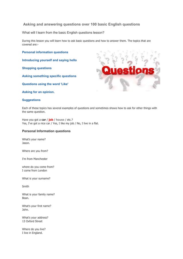 Asking and answering questions over 100 basic English questions | PDF
