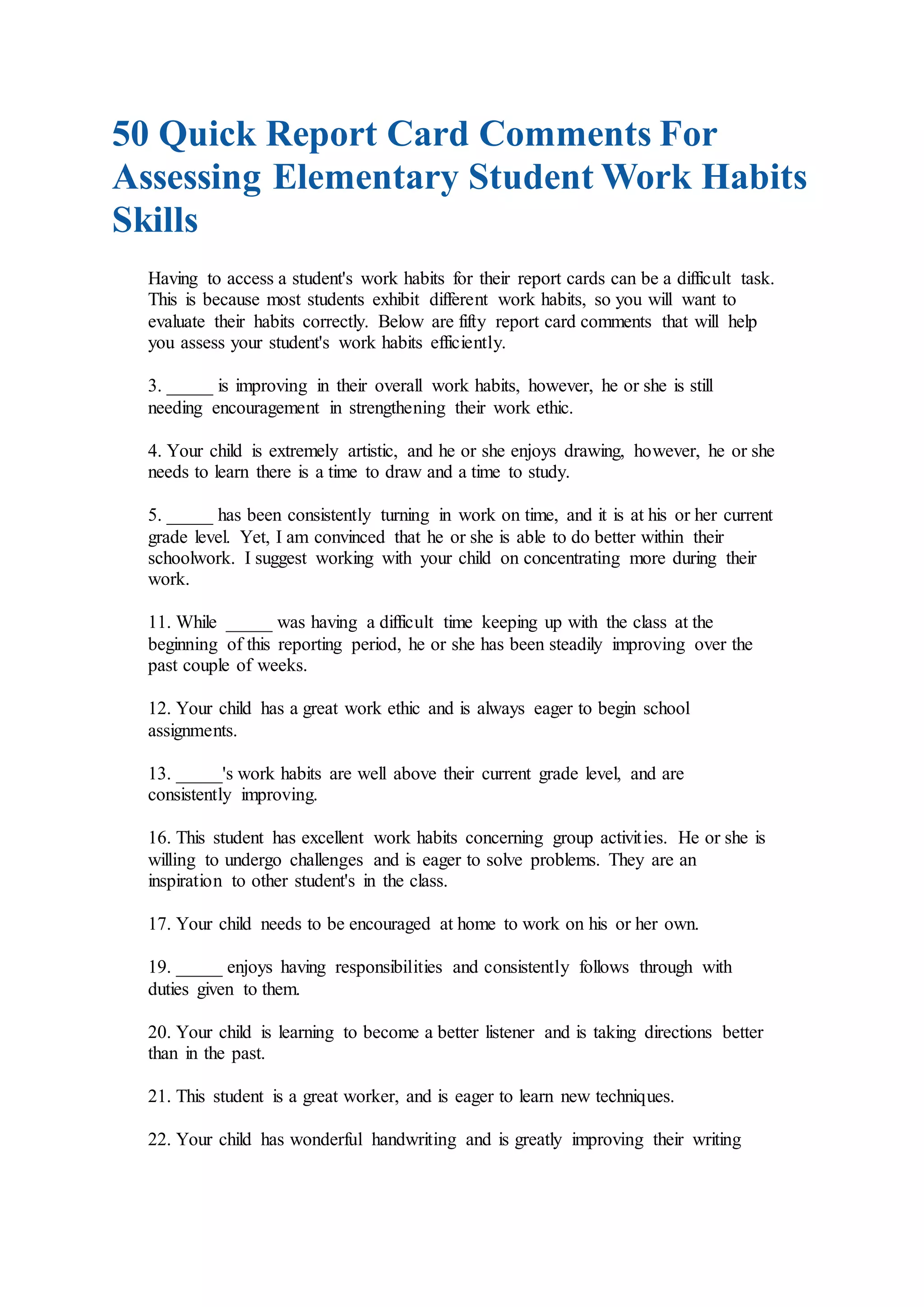 50 quick report card comments for assessing elementary student work ...