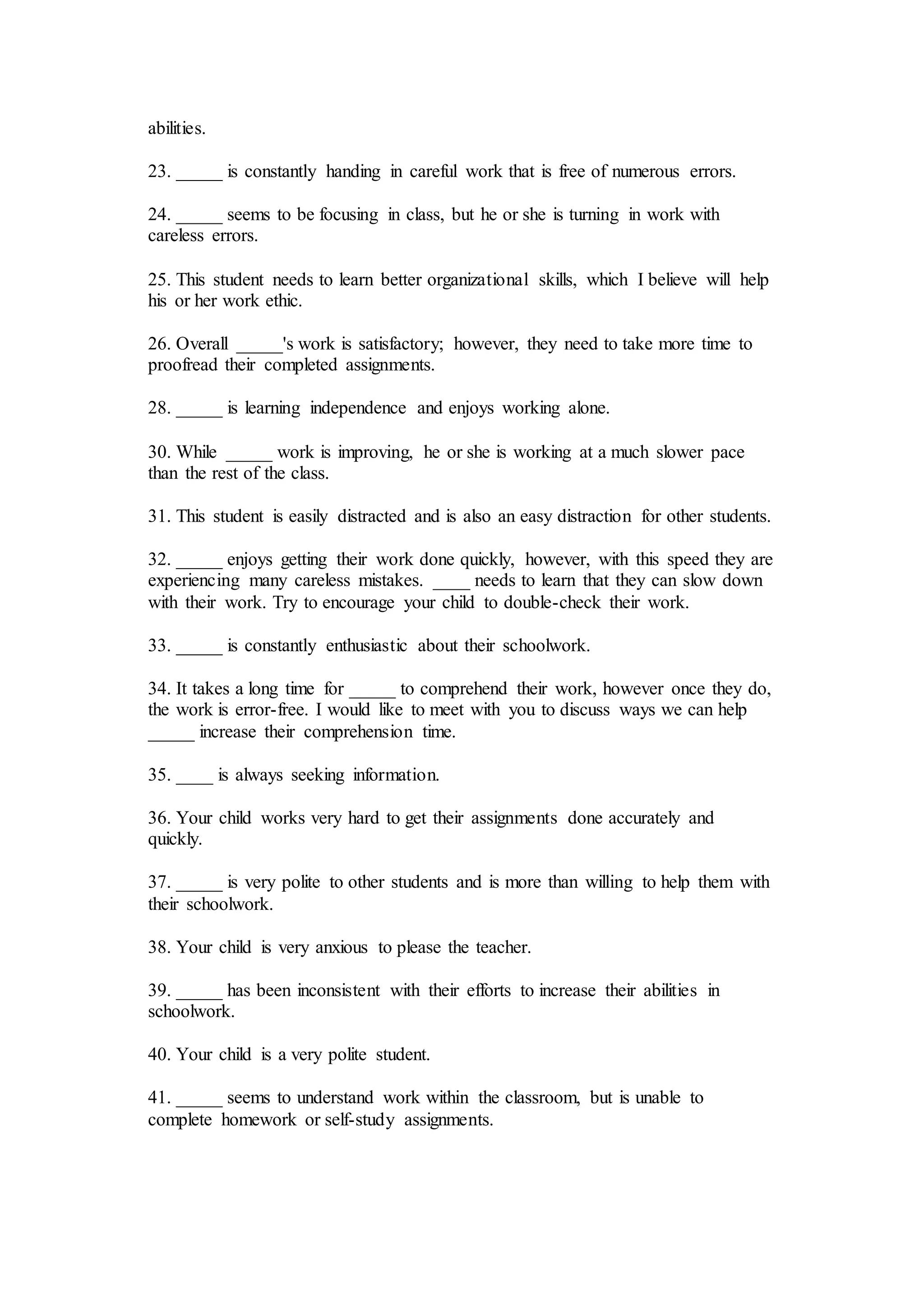 50 quick report card comments for assessing elementary student work ...