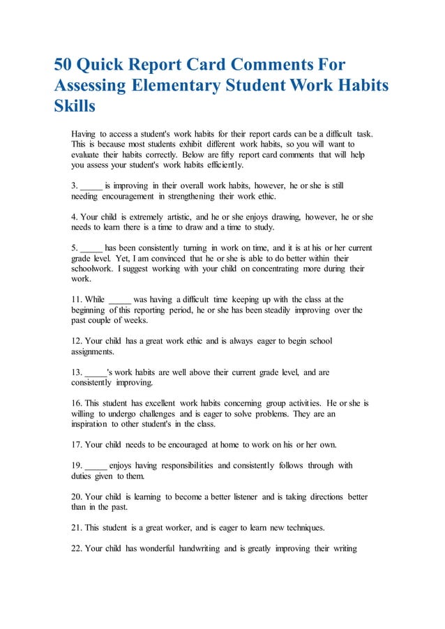 50 quick report card comments for assessing elementary student work ...