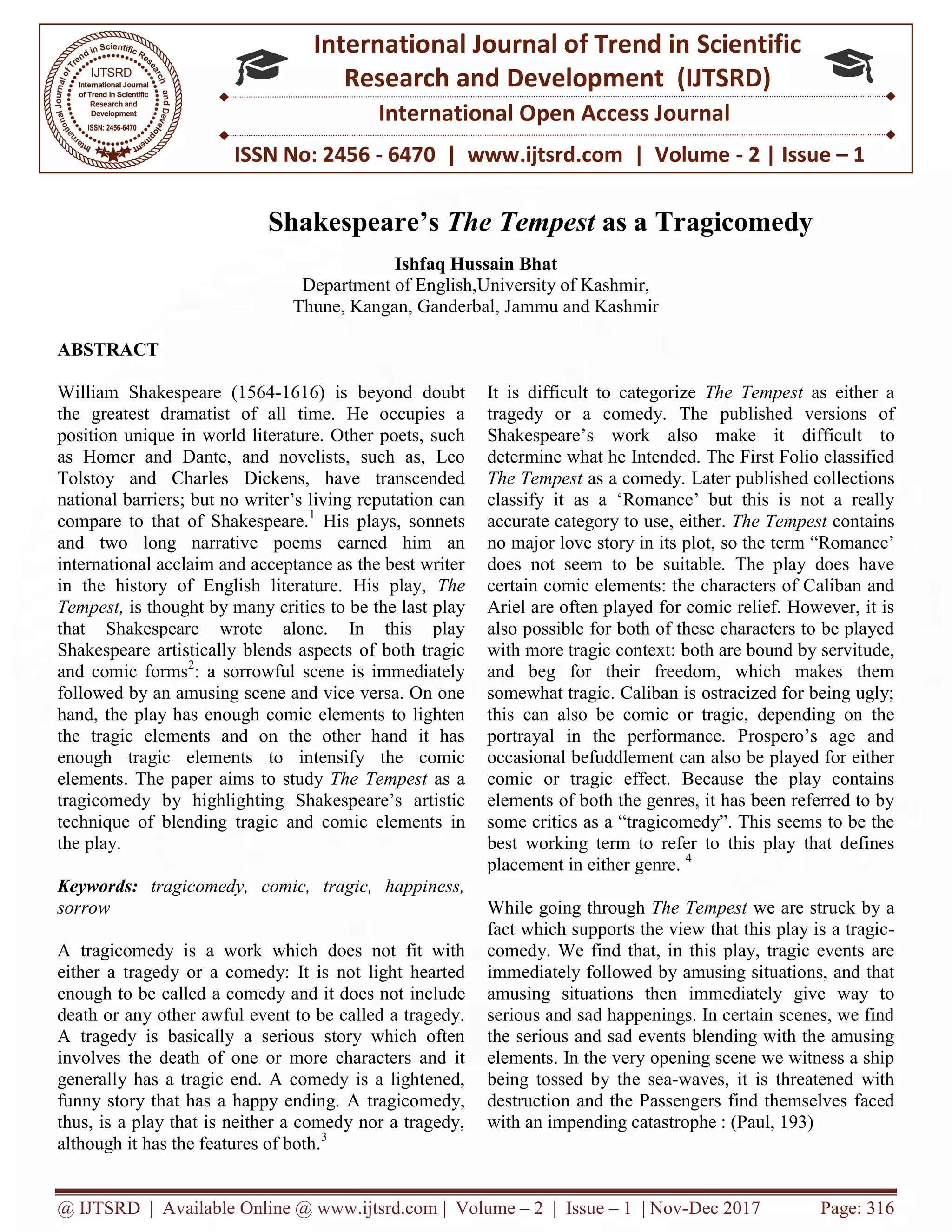 Shakespeare's The Tempest as a Tragicomedy | PDF