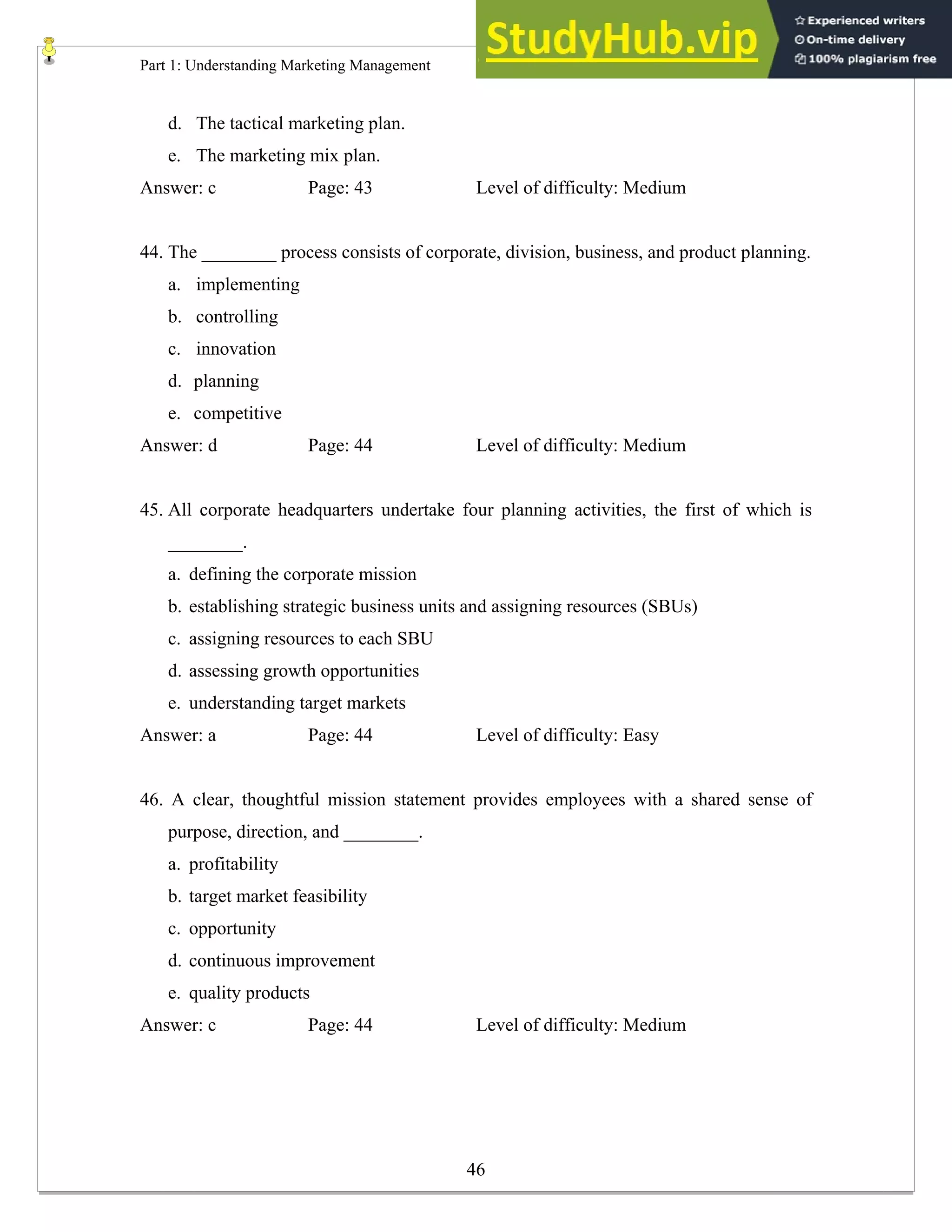 50 Solved MCQs of MKT501 Marketing Management Chapter 2 Developing ...