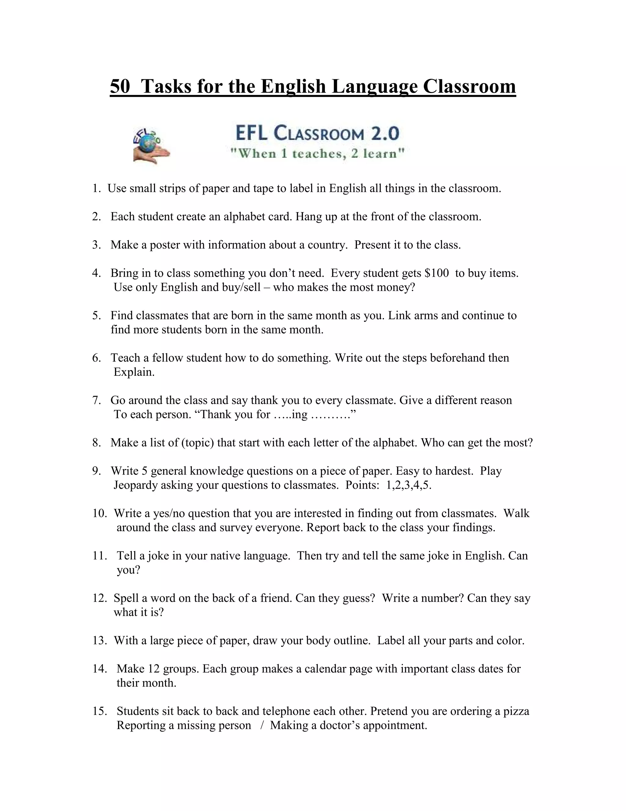 50 tasks for the english language classroom | PDF