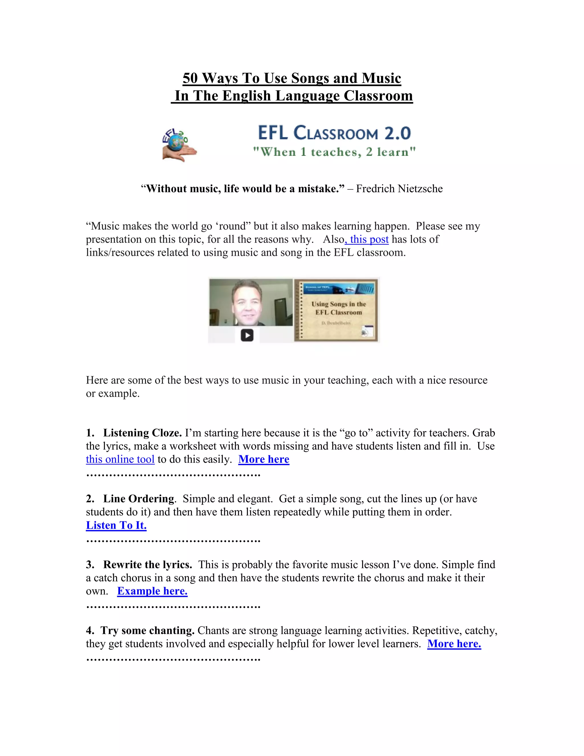 50 ways to use music in the English language classroom | PDF