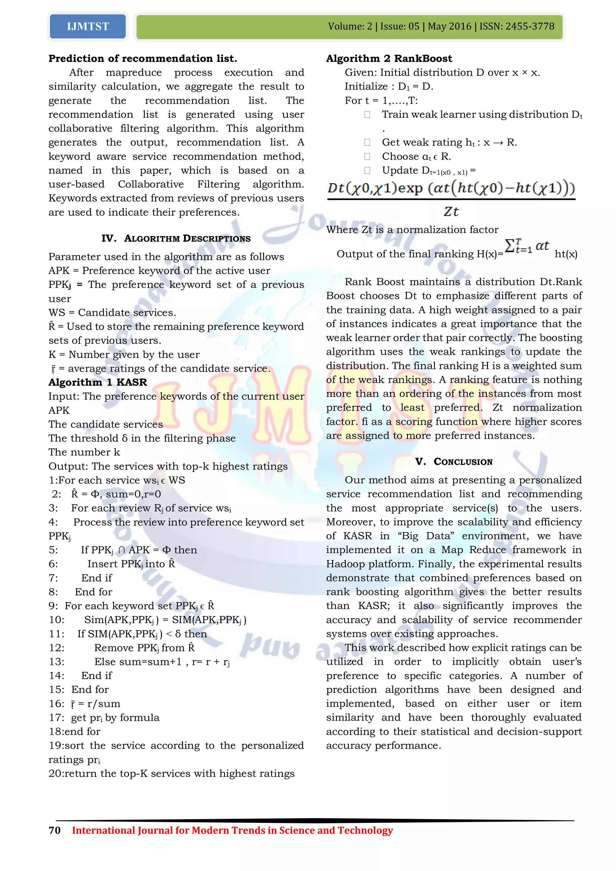 User Preferences Based Recommendation System for Services using ...