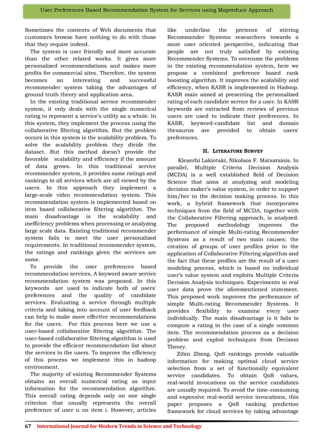 User Preferences Based Recommendation System for Services using Mapreduce Approach | PDF