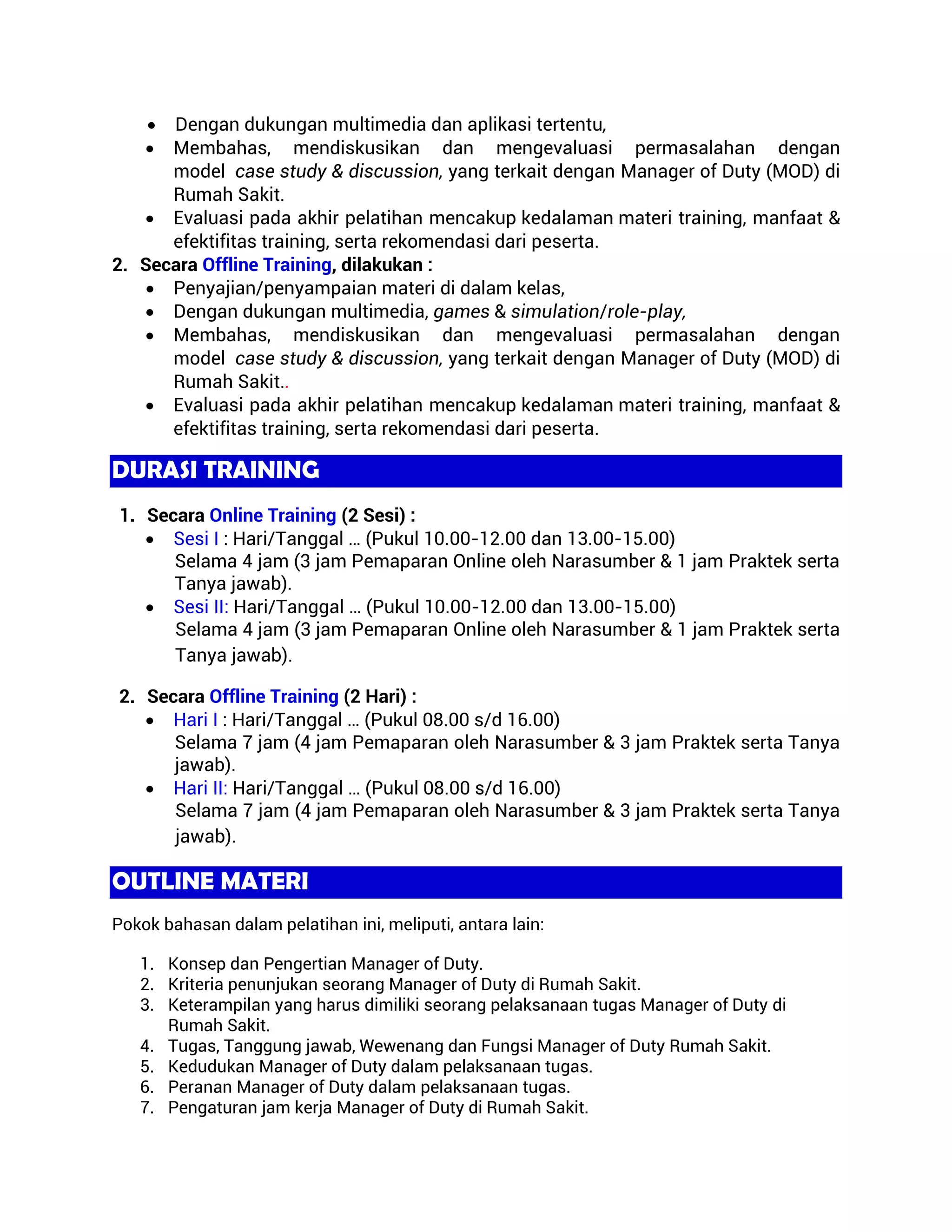 Silabus Pelatihan "Manager on Duty (MoD) di Rumah Sakit" | PDF