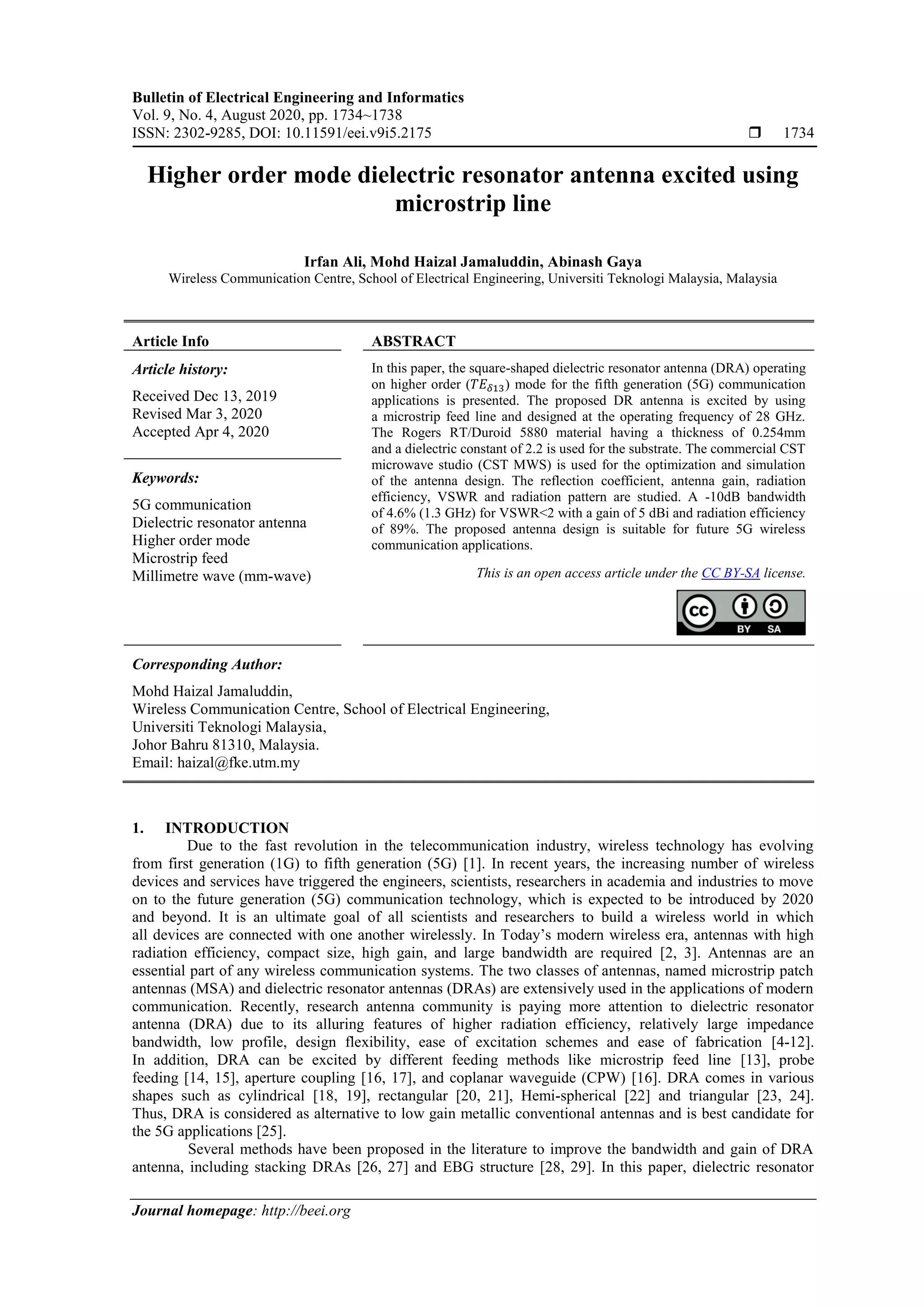 Higher order mode dielectric resonator antenna excited using microstrip ...