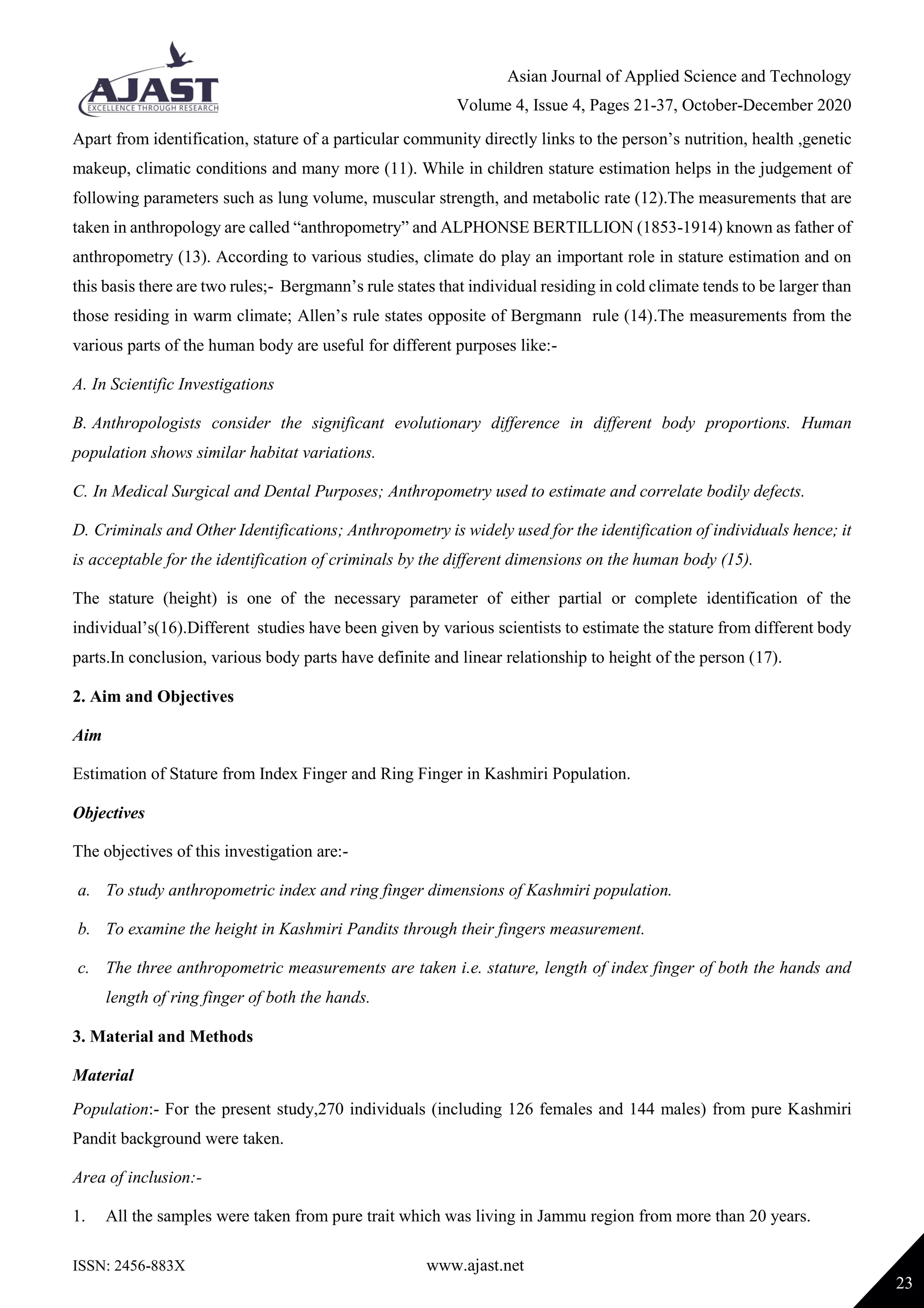 Stature Estimation from Index and Ring Finger in Kashmiri Population | PDF