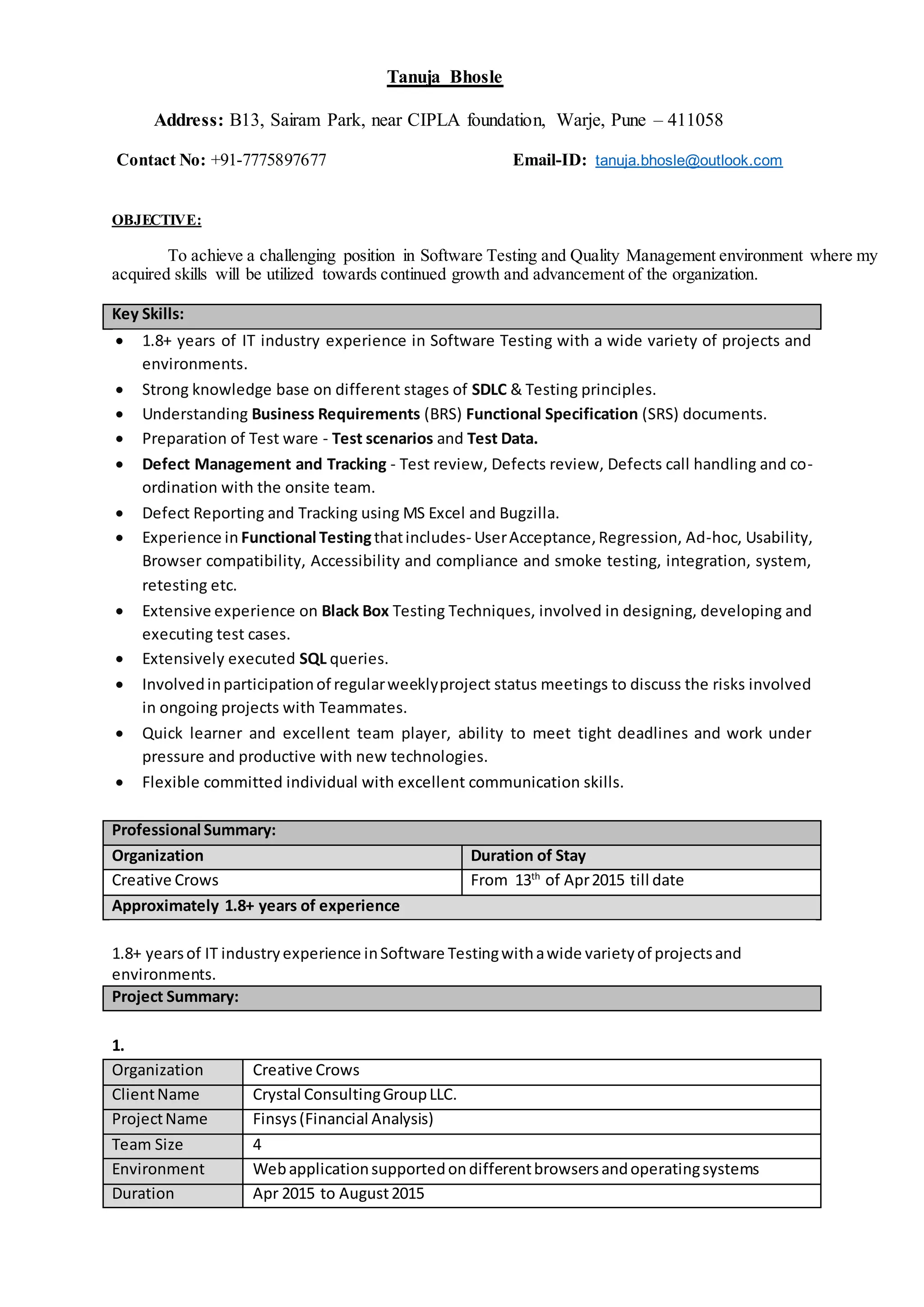 2+ years exp Tanuja Resume | DOCX