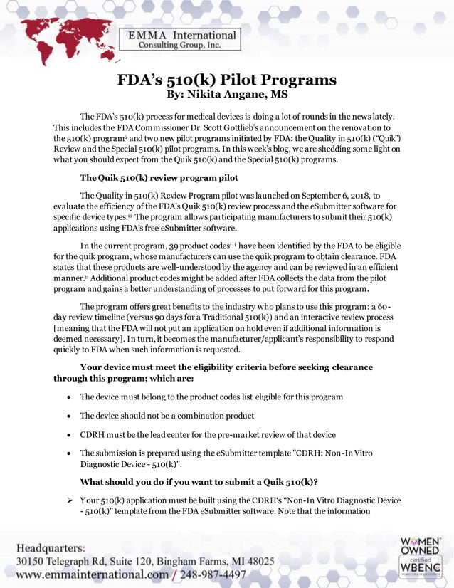 FDA’s 510(k) Pilot Programs | PDF FDA’s 510(k) Pilot Programs | PDF