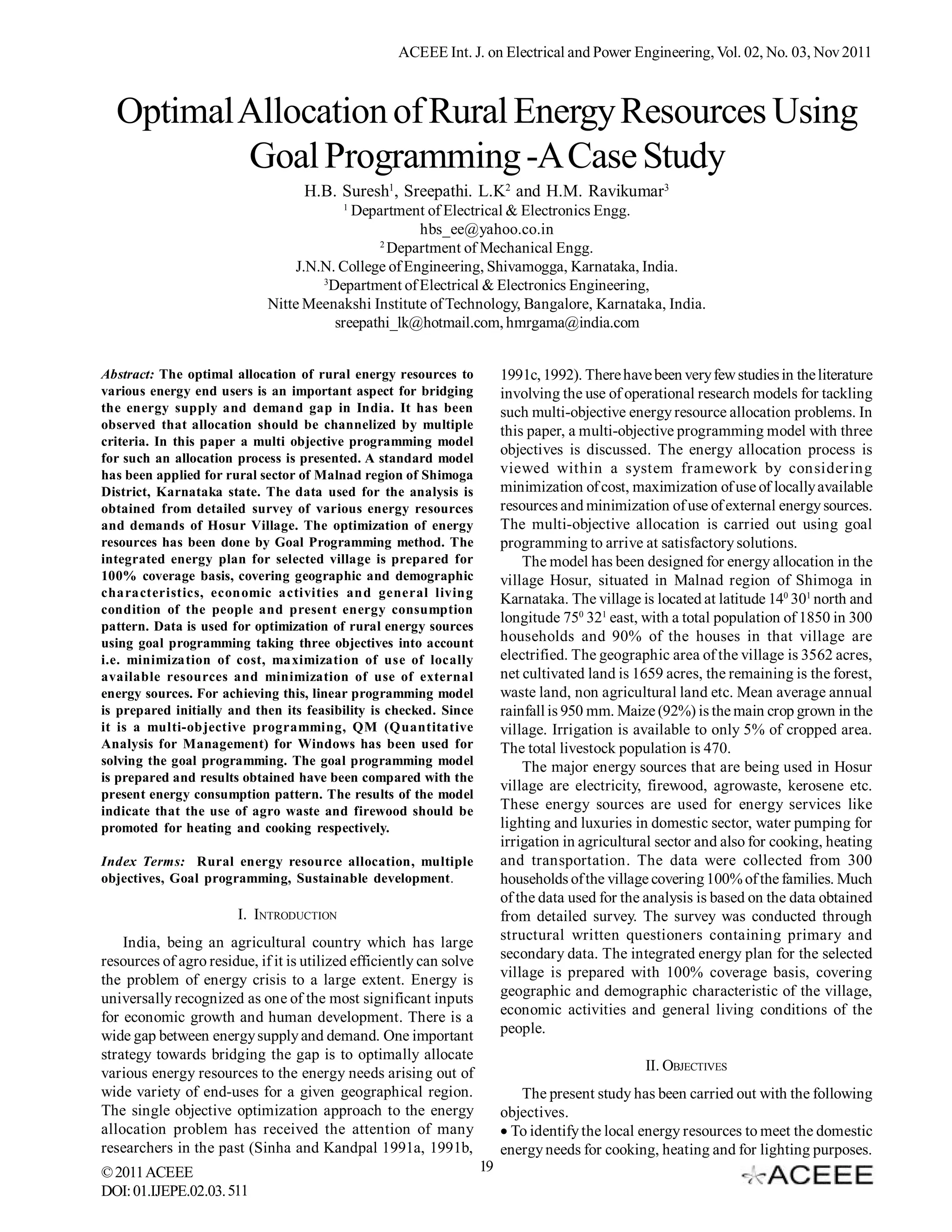 Optimal Allocation of Rural Energy Resources Using Goal Programming -A Case Study | PDF
