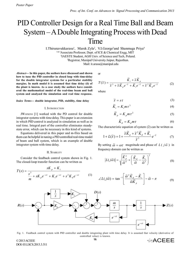 PID Controller Design for a Real Time Ball and Beam System – A Double Integrating Process with ...