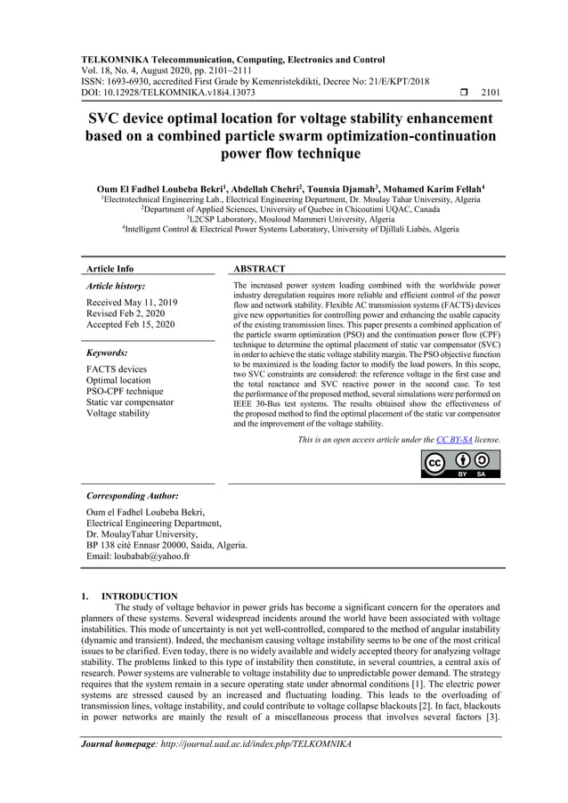 SVC device optimal location for voltage stability enhancement based on a combined particle swarm ...