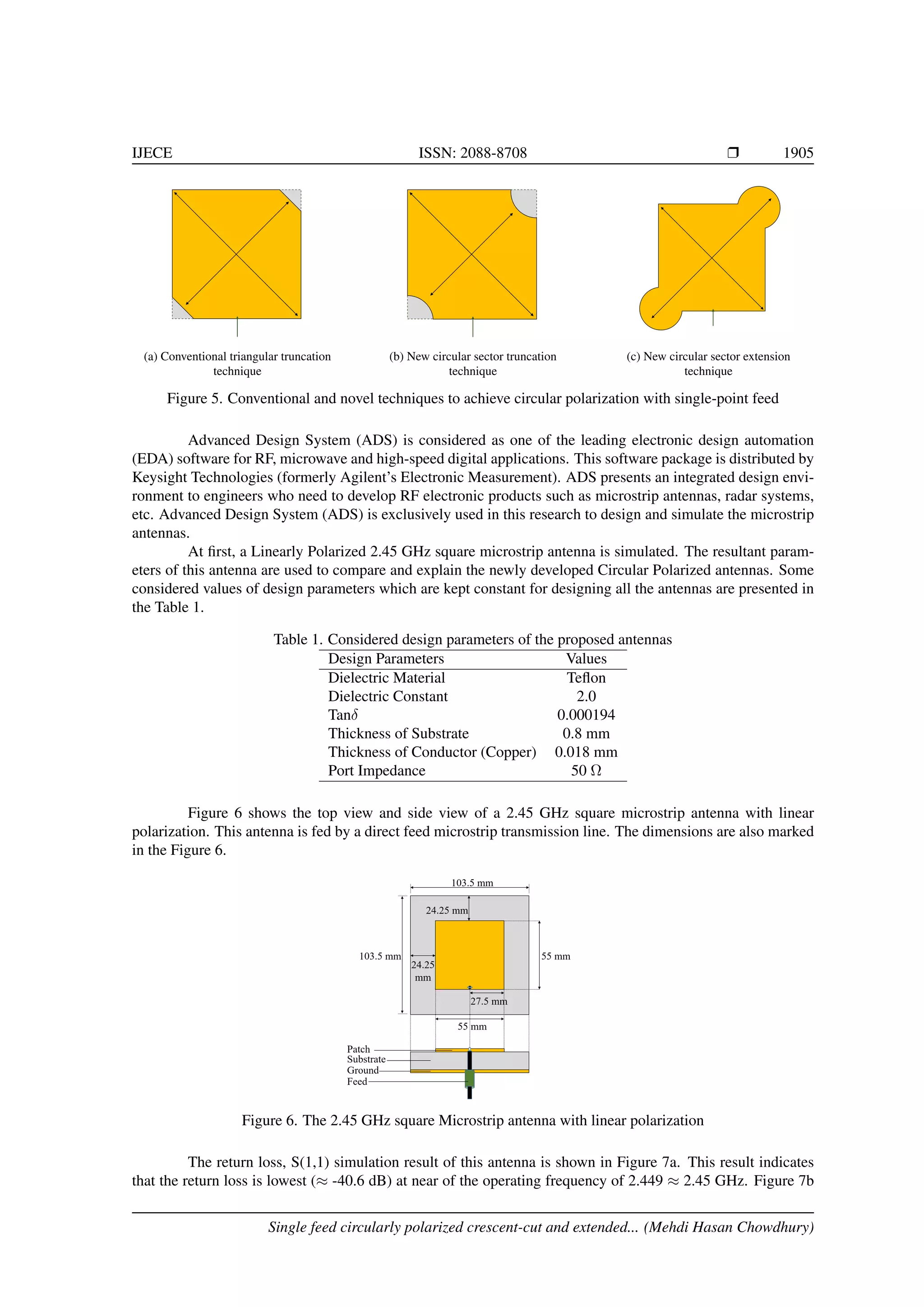 Single feed circularly polarized crescent-cut and extended corner ...