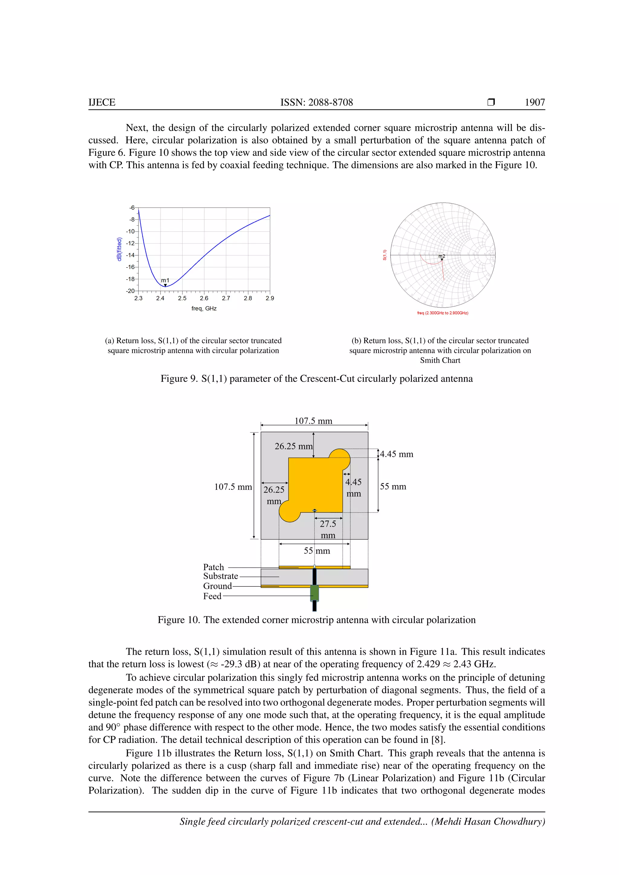 Single feed circularly polarized crescent-cut and extended corner ...