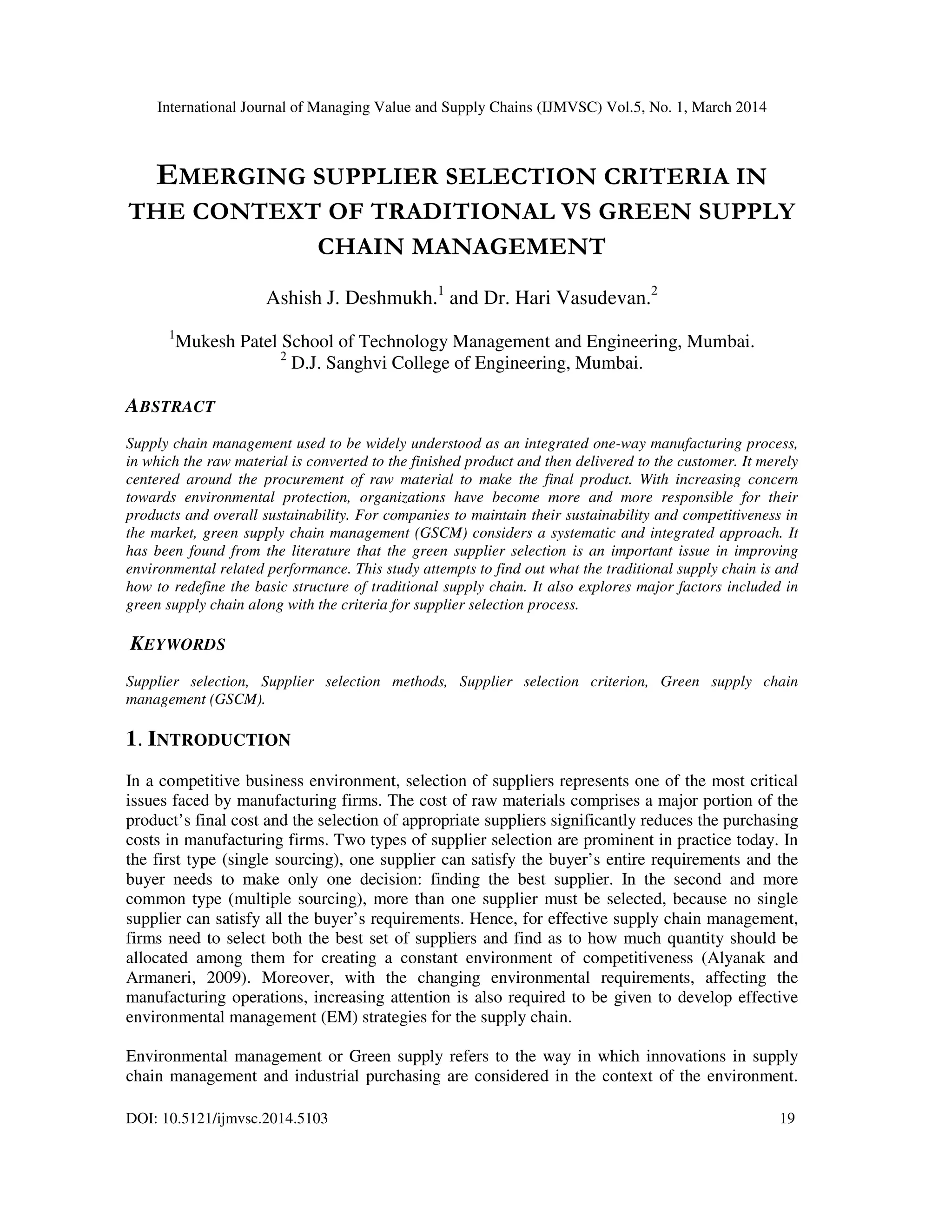 EMERGING SUPPLIER SELECTION CRITERIA IN THE CONTEXT OF TRADITIONAL VS GREEN SUPPLY CHAIN ...