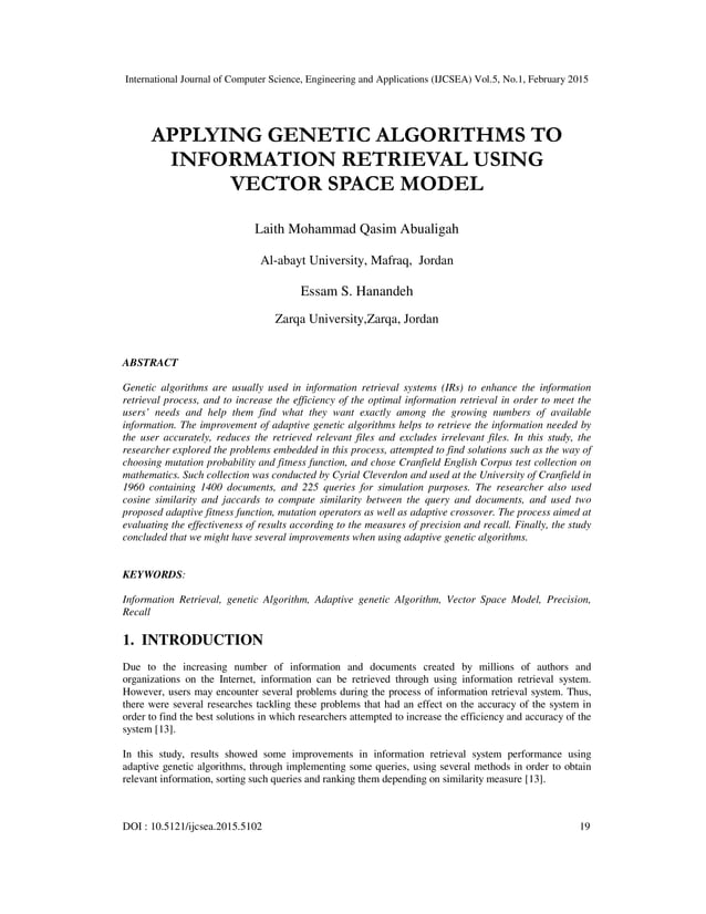 Applying Genetic Algorithms To Information Retrieval Using Vector Space Model Pdf