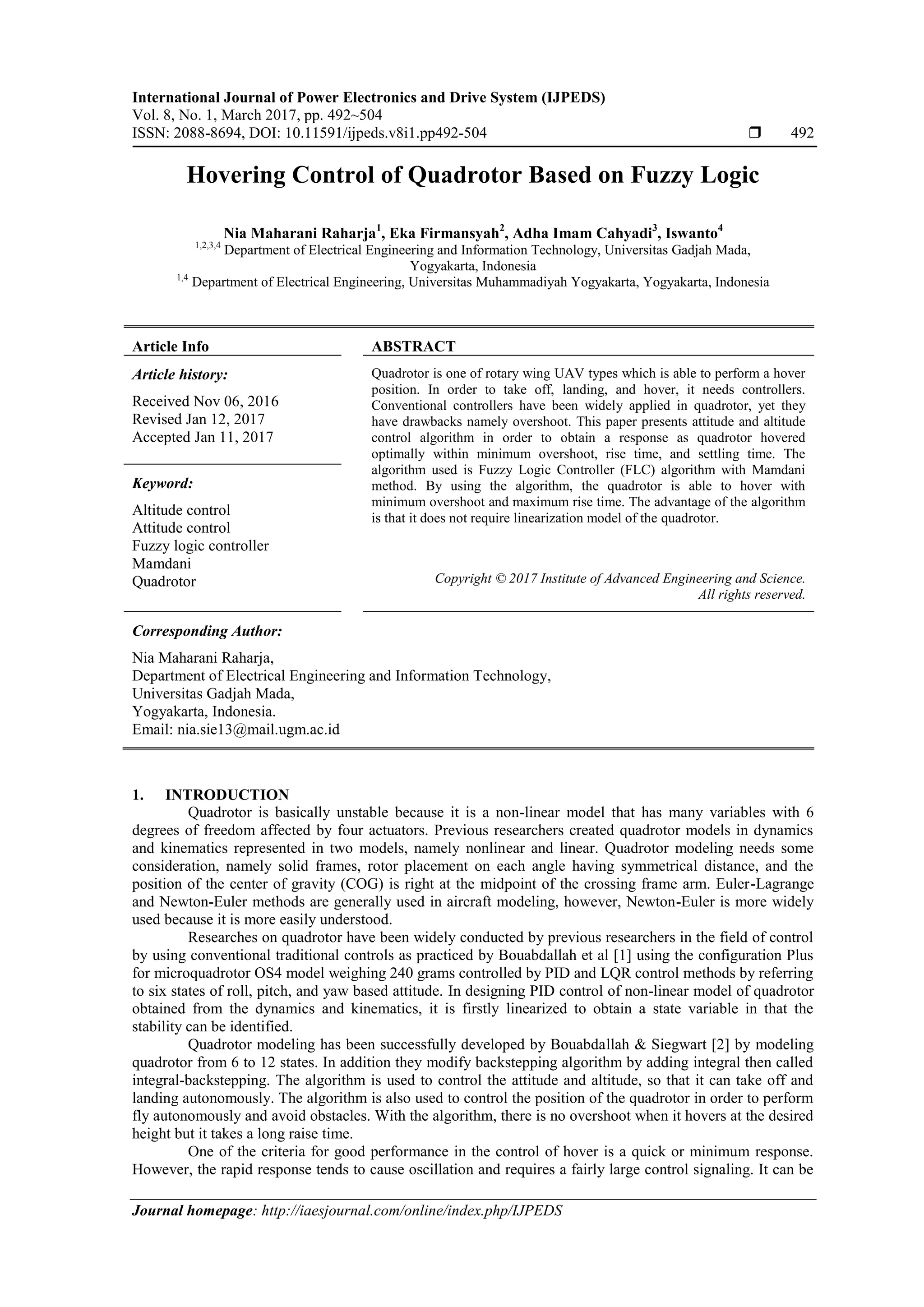Hovering Control of Quadrotor Based on Fuzzy Logic | PDF | Radio Control | Hobbies & Interests
