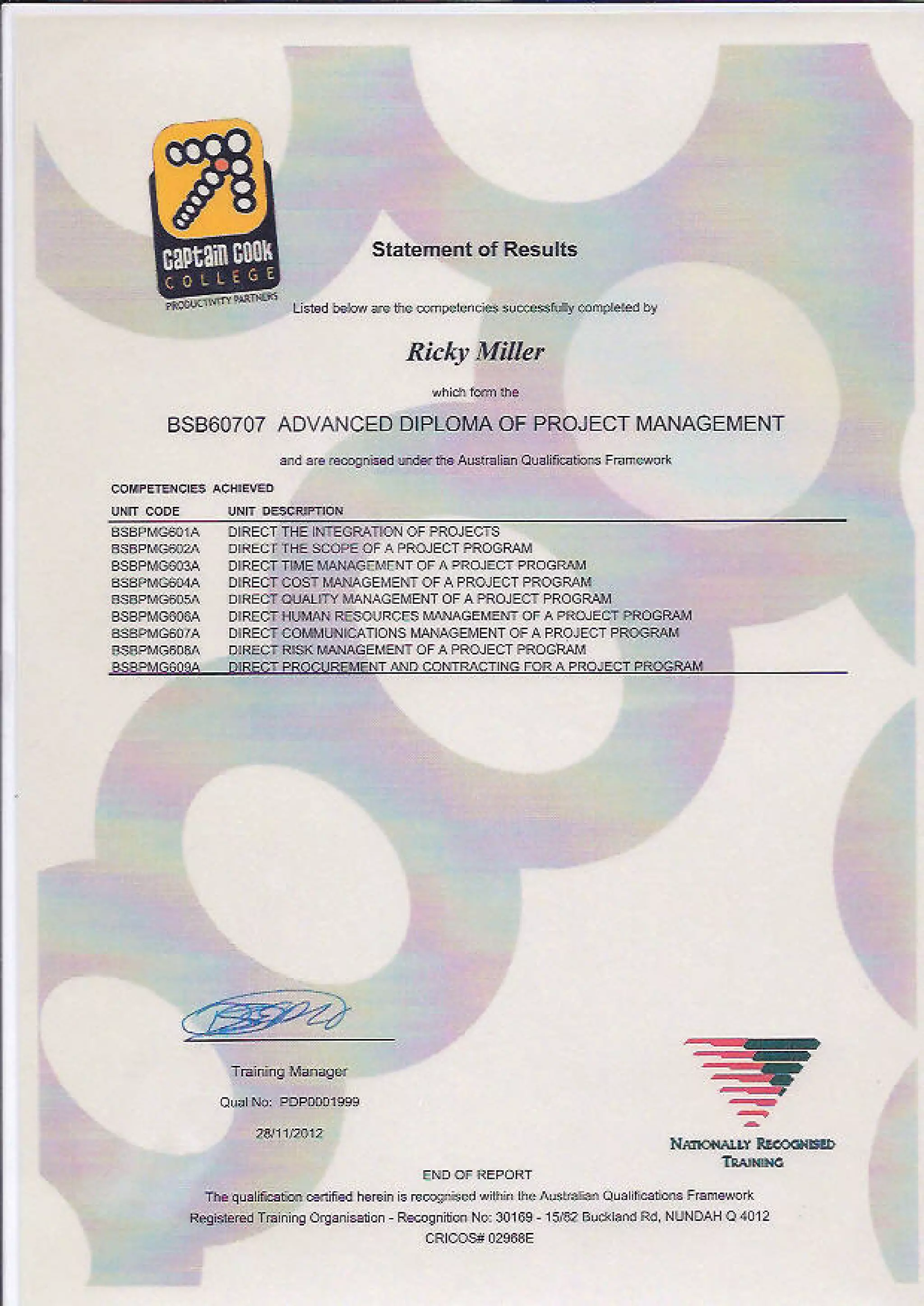 Advanced Diploma Project Management - Rick Miller | PDF
