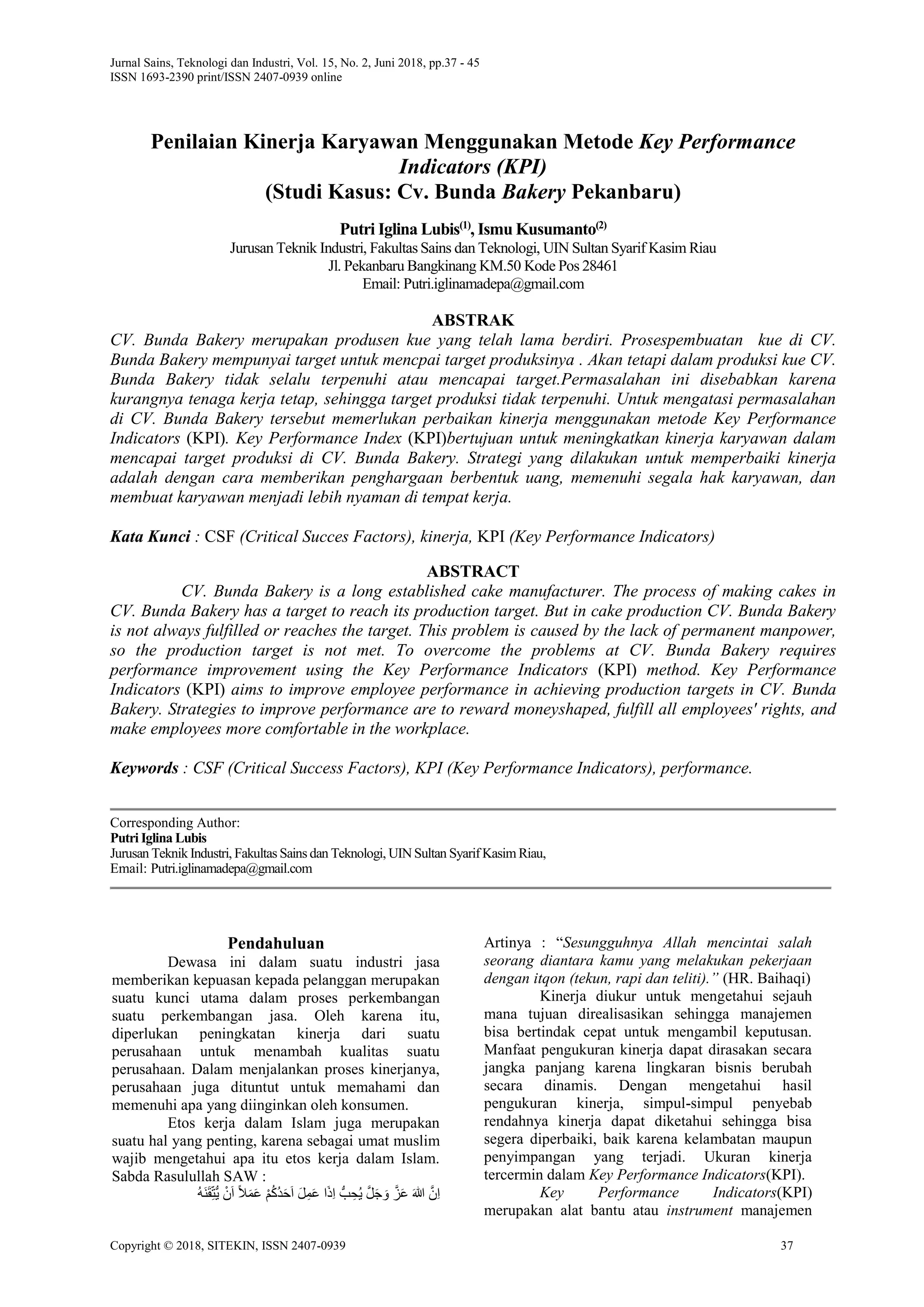 Penilain Kinerja Karyawan Menggunakan Metode KPI | PDF
