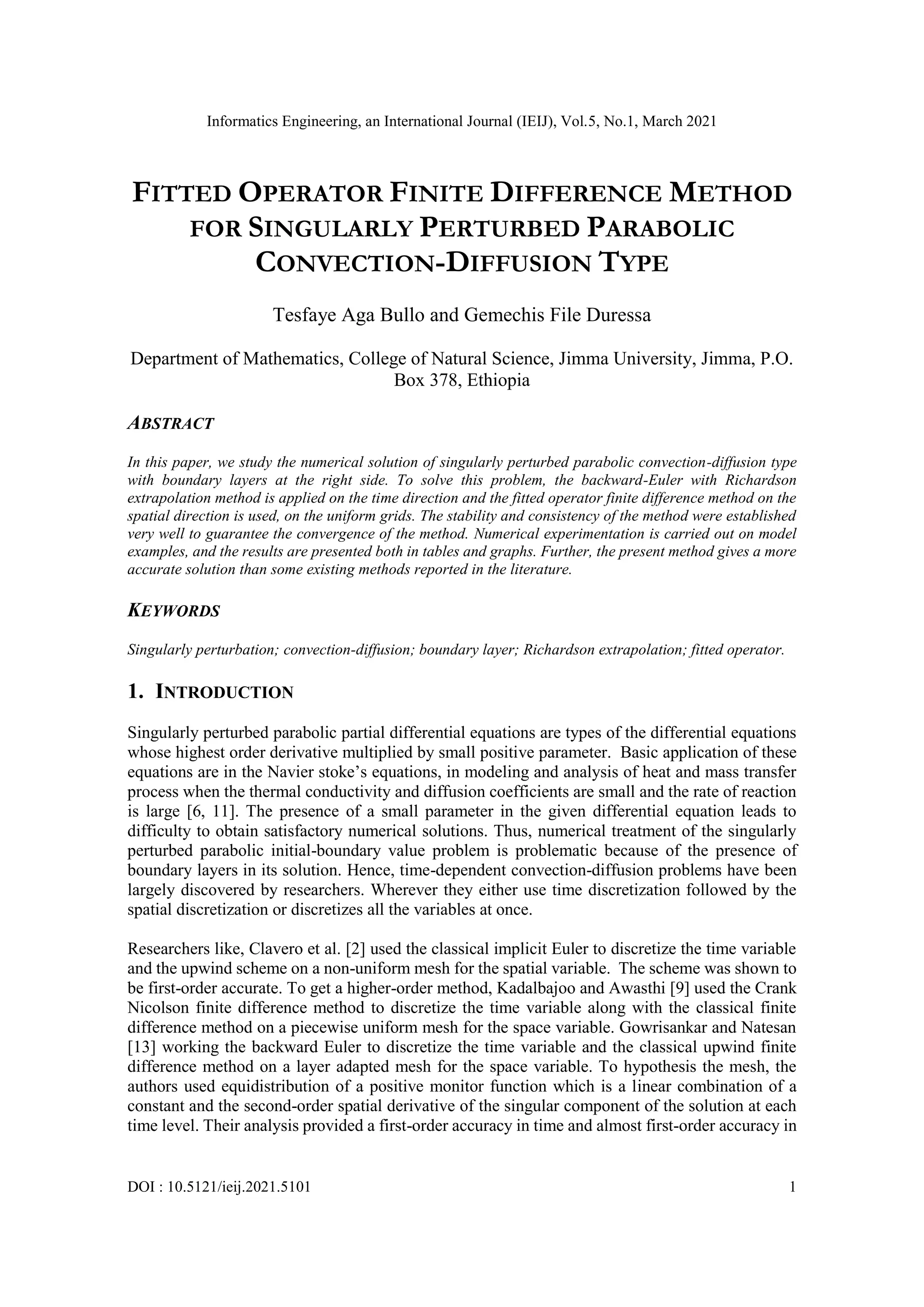 FITTED OPERATOR FINITE DIFFERENCE METHOD FOR SINGULARLY PERTURBED PARABOLIC CONVECTION-DIFFUSION ...
