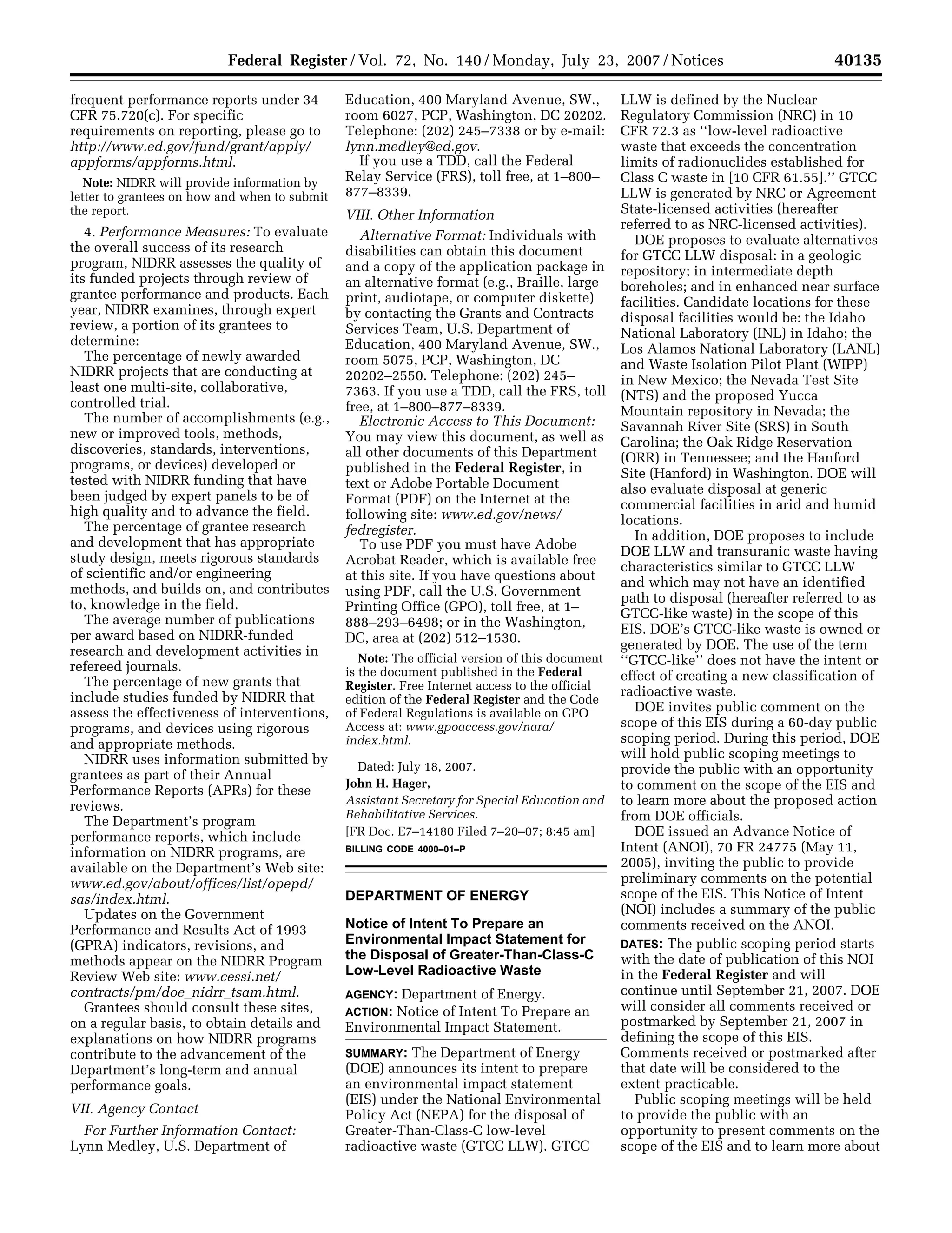 NOI - GTCC Low Level Radioactive Waste | PDF