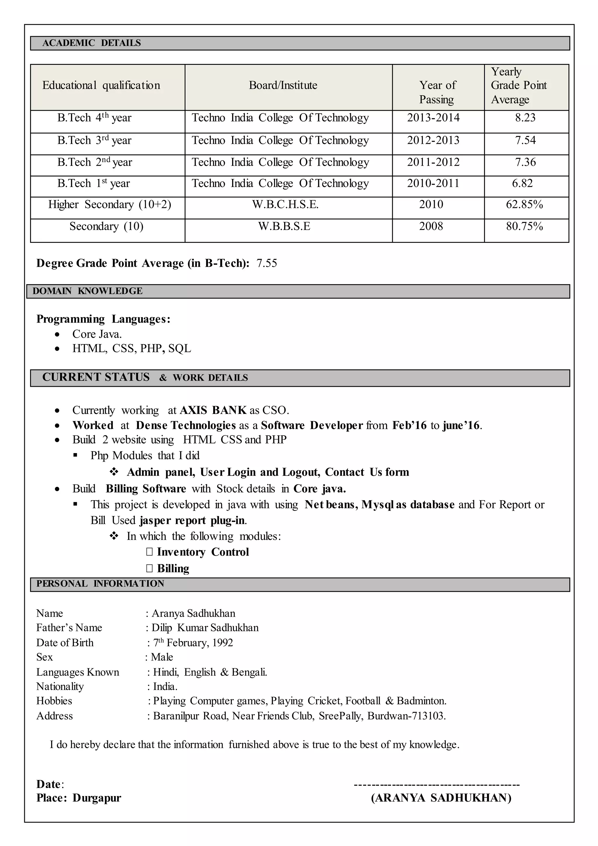 AranyaReSume - axis | DOCX | Web Development | Internet