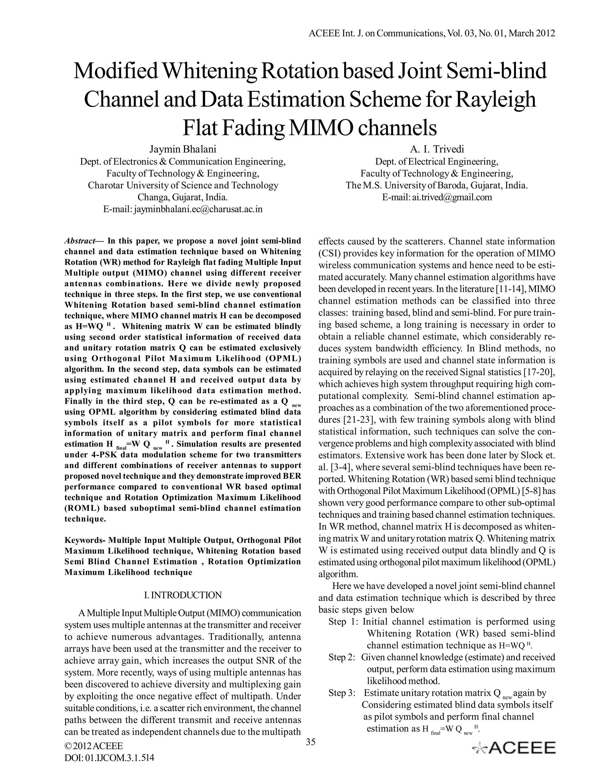 Modified Whitening Rotation based Joint Semi-blind Channel and Data Estimation Scheme for ...