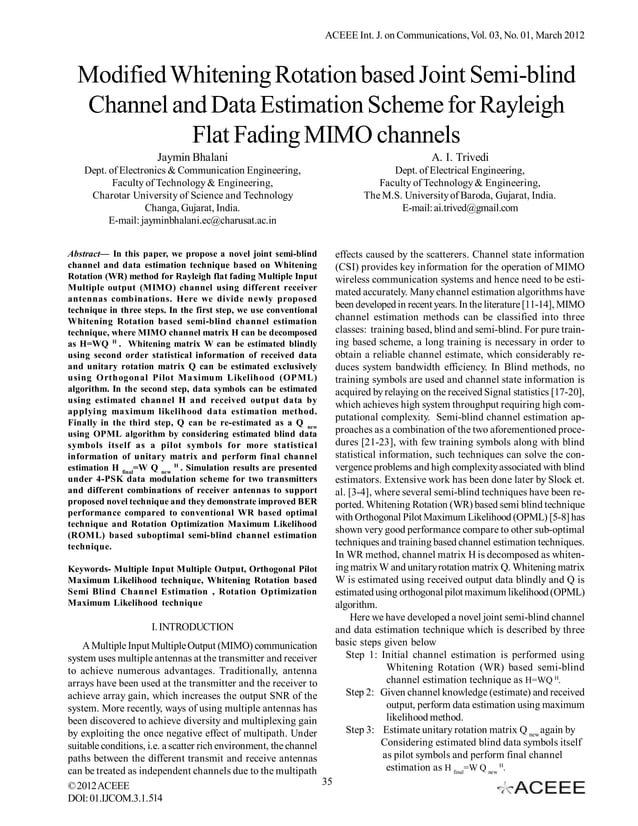 Modified Whitening Rotation based Joint Semi-blind Channel and Data Estimation Scheme for ...