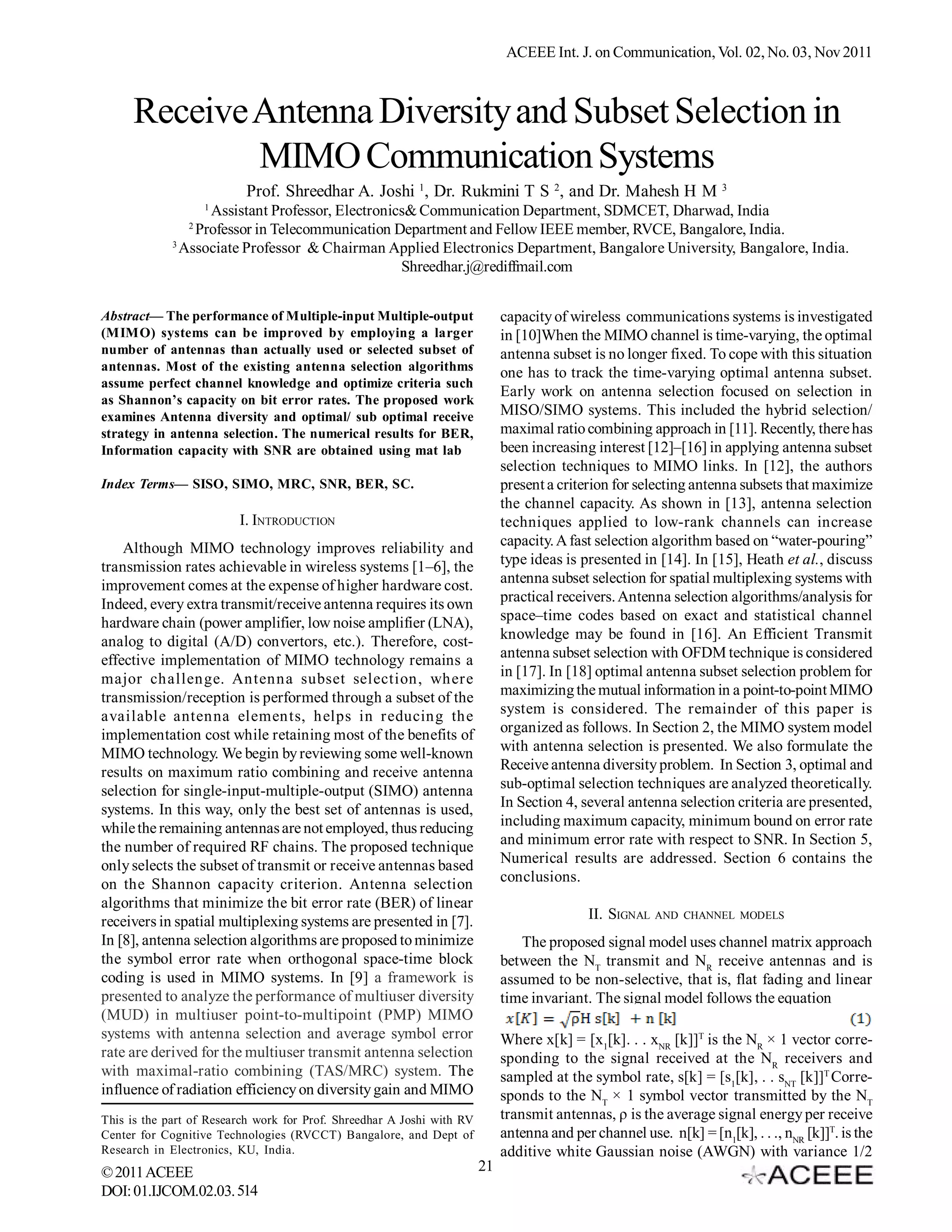 Receive Antenna Diversity And Subset Selection In Mimo Communication Systems Pdf Computing