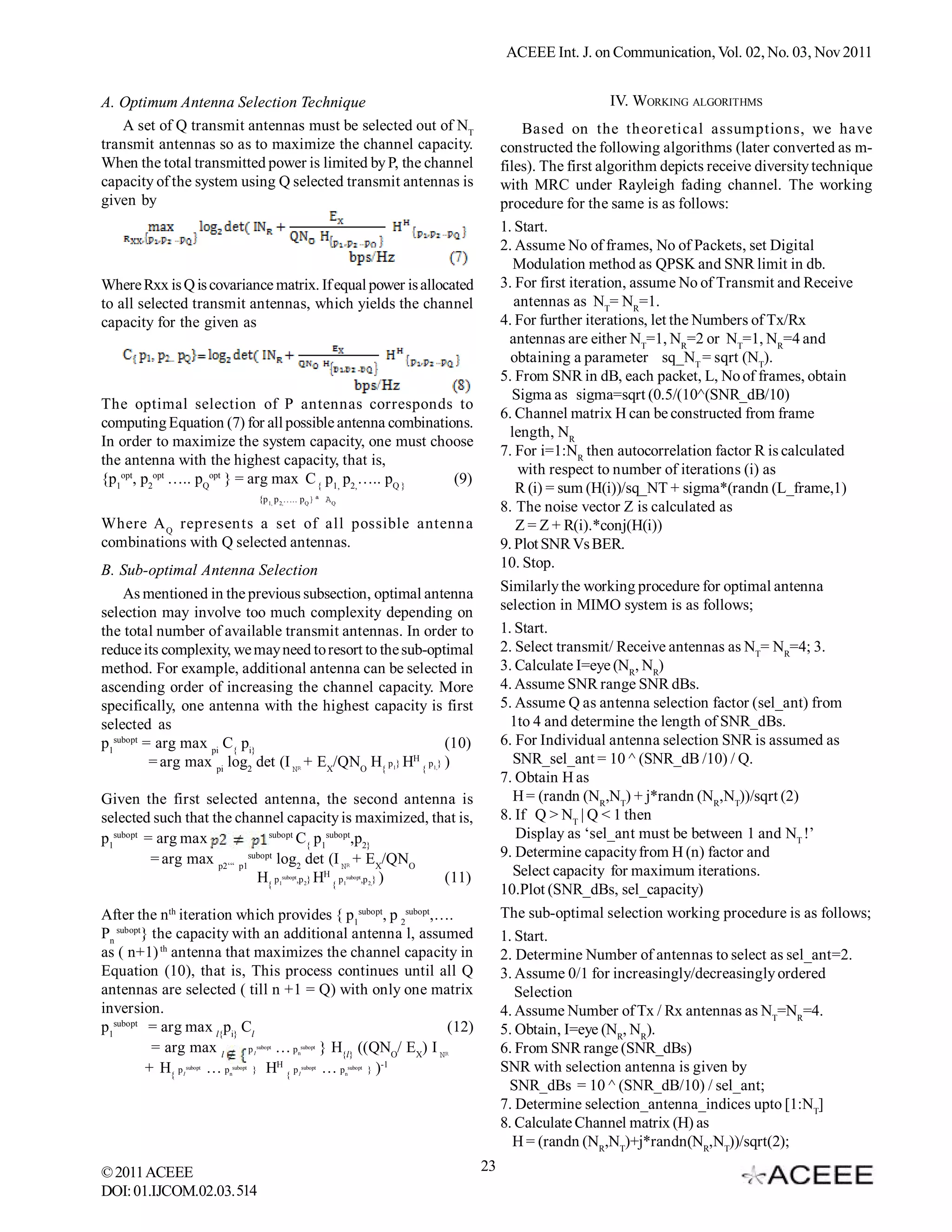 Receive Antenna Diversity And Subset Selection In Mimo Communication Systems Pdf Computing