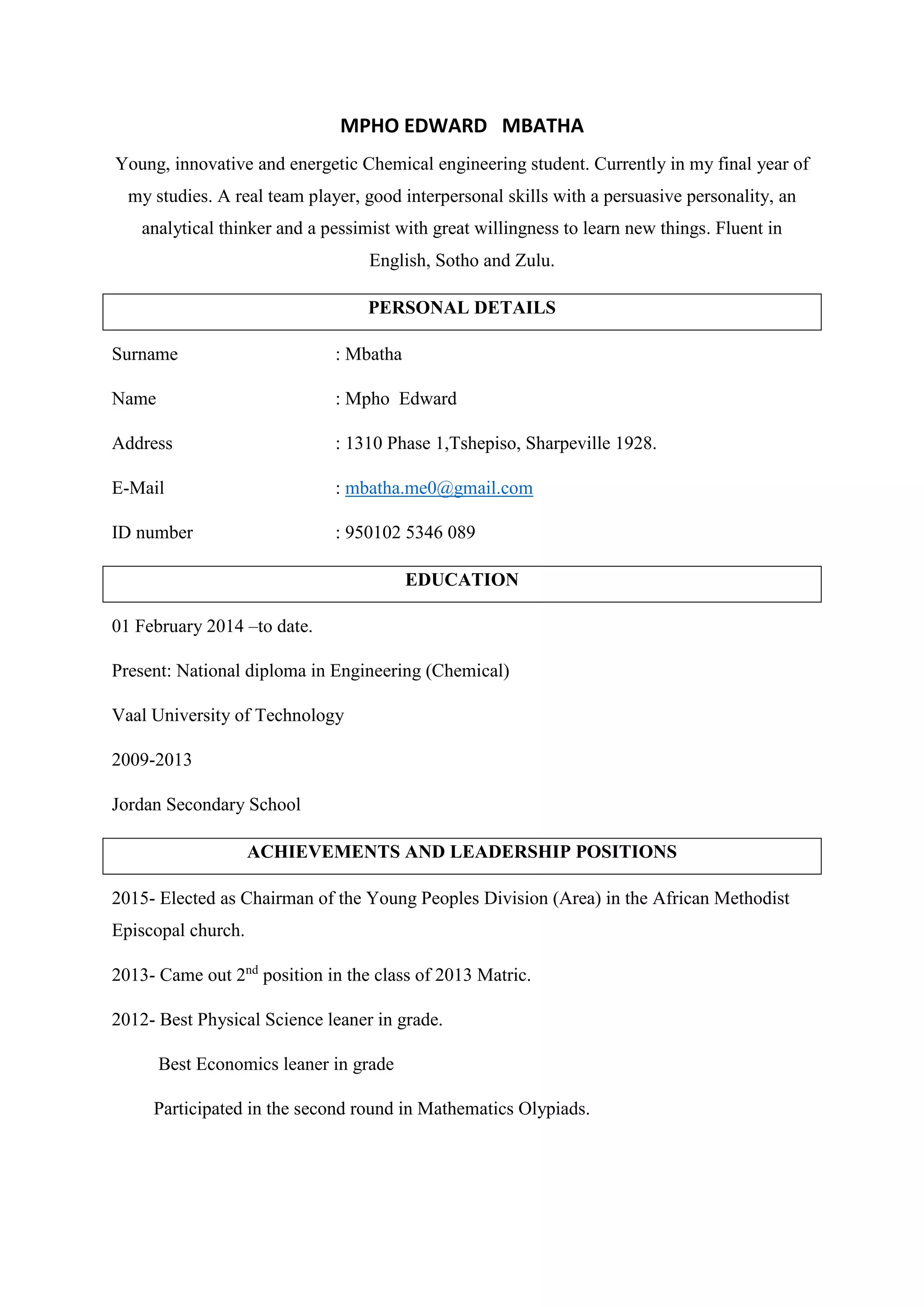 Mpho Edward Mbatha.docx CV | PDF | Education
