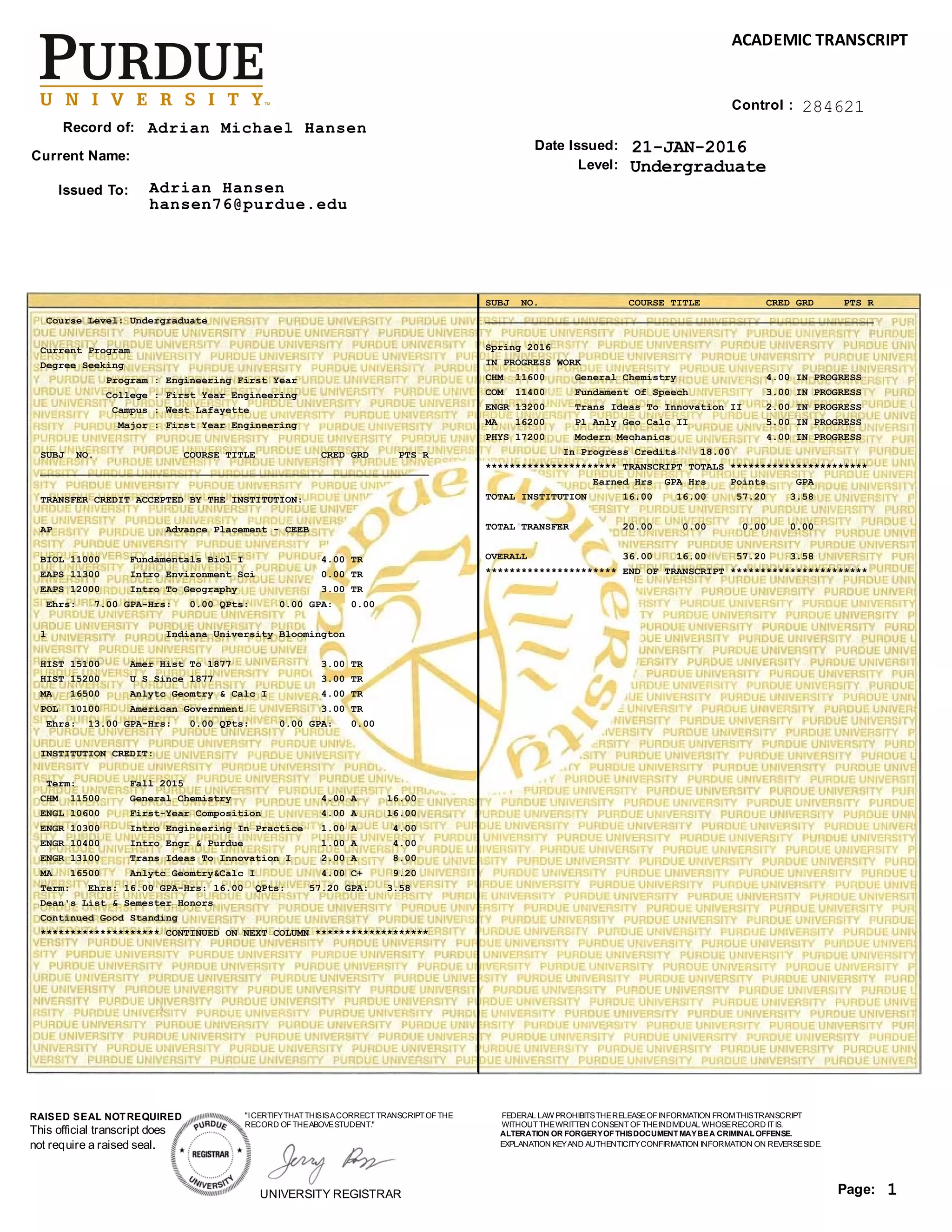 Adrian Hansen Transcript 1-2015 | PDF | Undergraduate Education | College Education