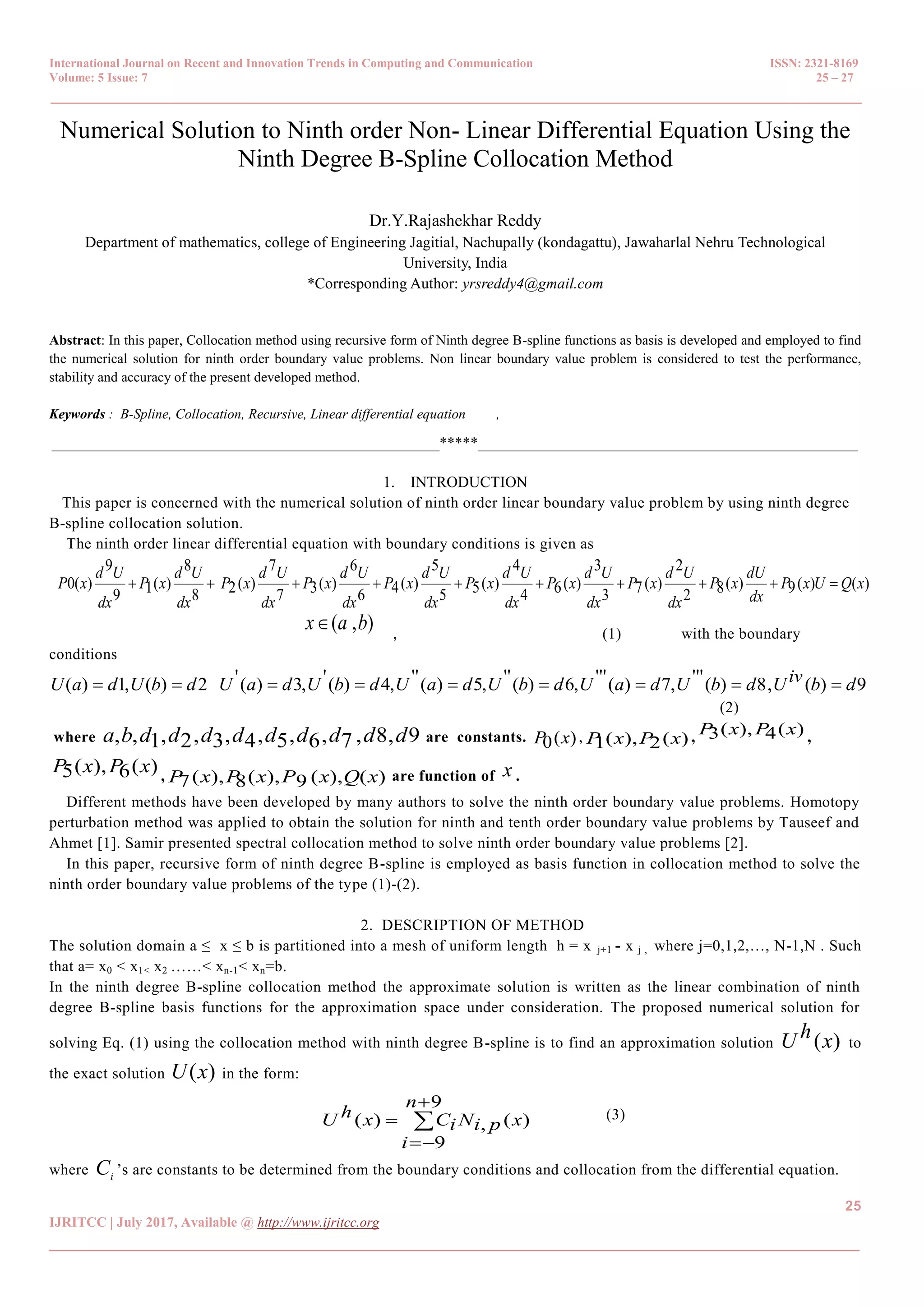 Numerical Solution To Ninth Order Non Linear Differential Equation