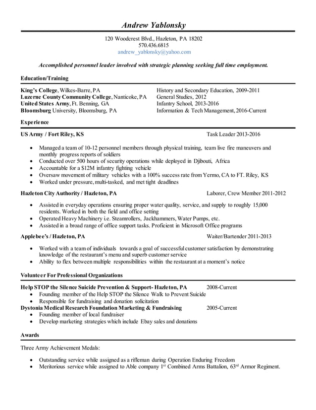 Resume-Andrew Yablonsky (1) | DOCX | Business | Business and Finance