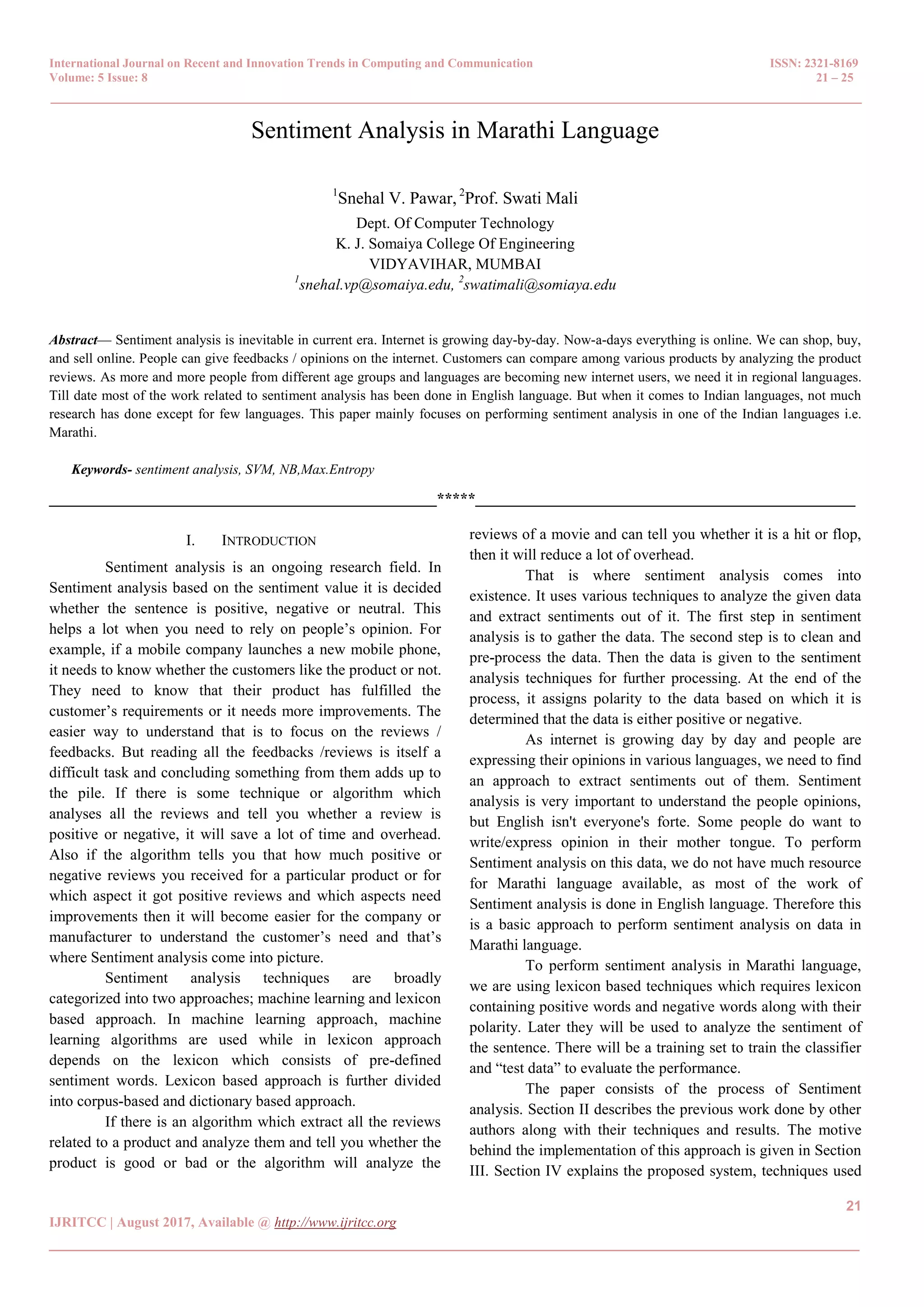 Sentiment Analysis in Marathi Language | PDF