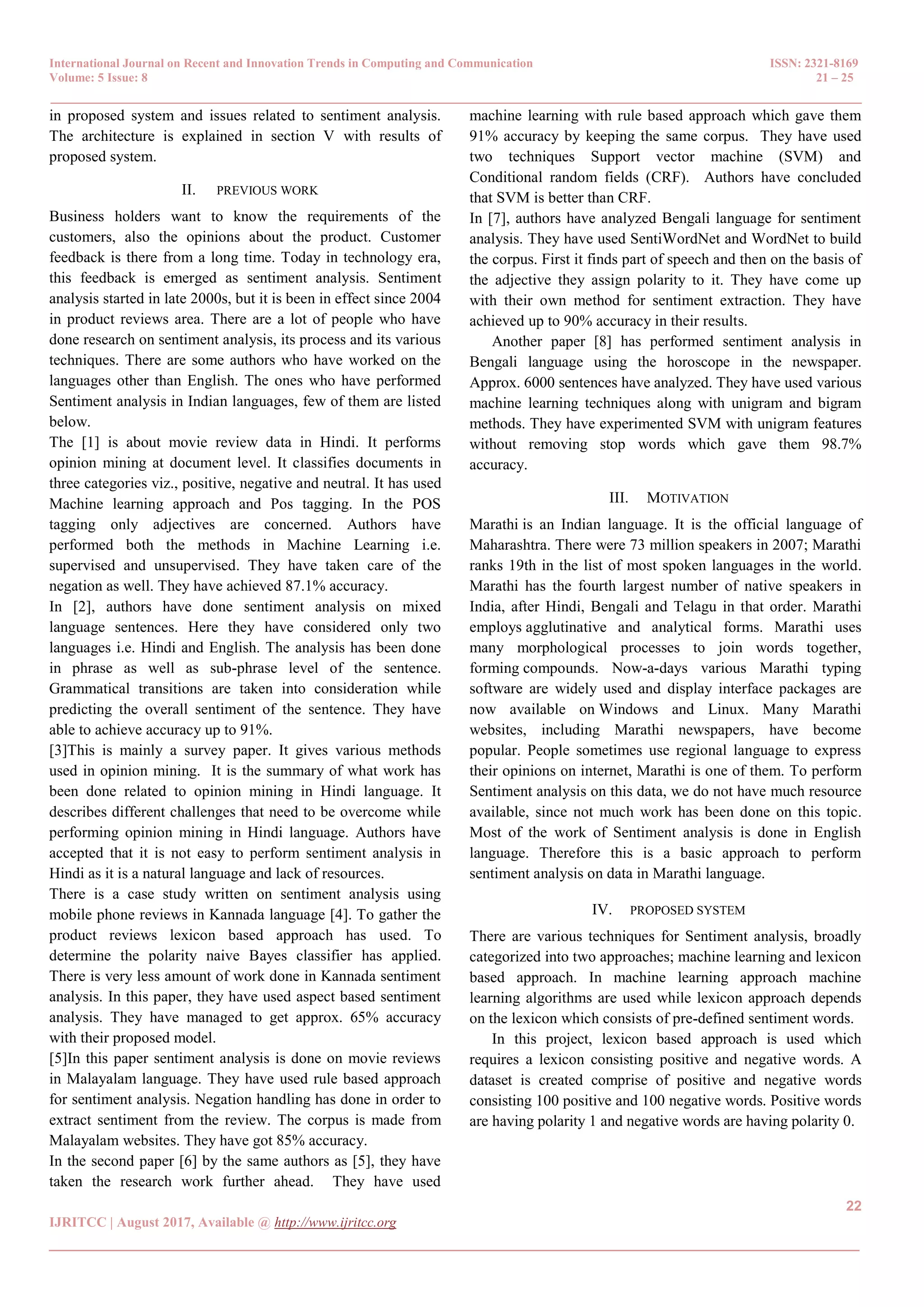 Sentiment Analysis in Marathi Language | PDF