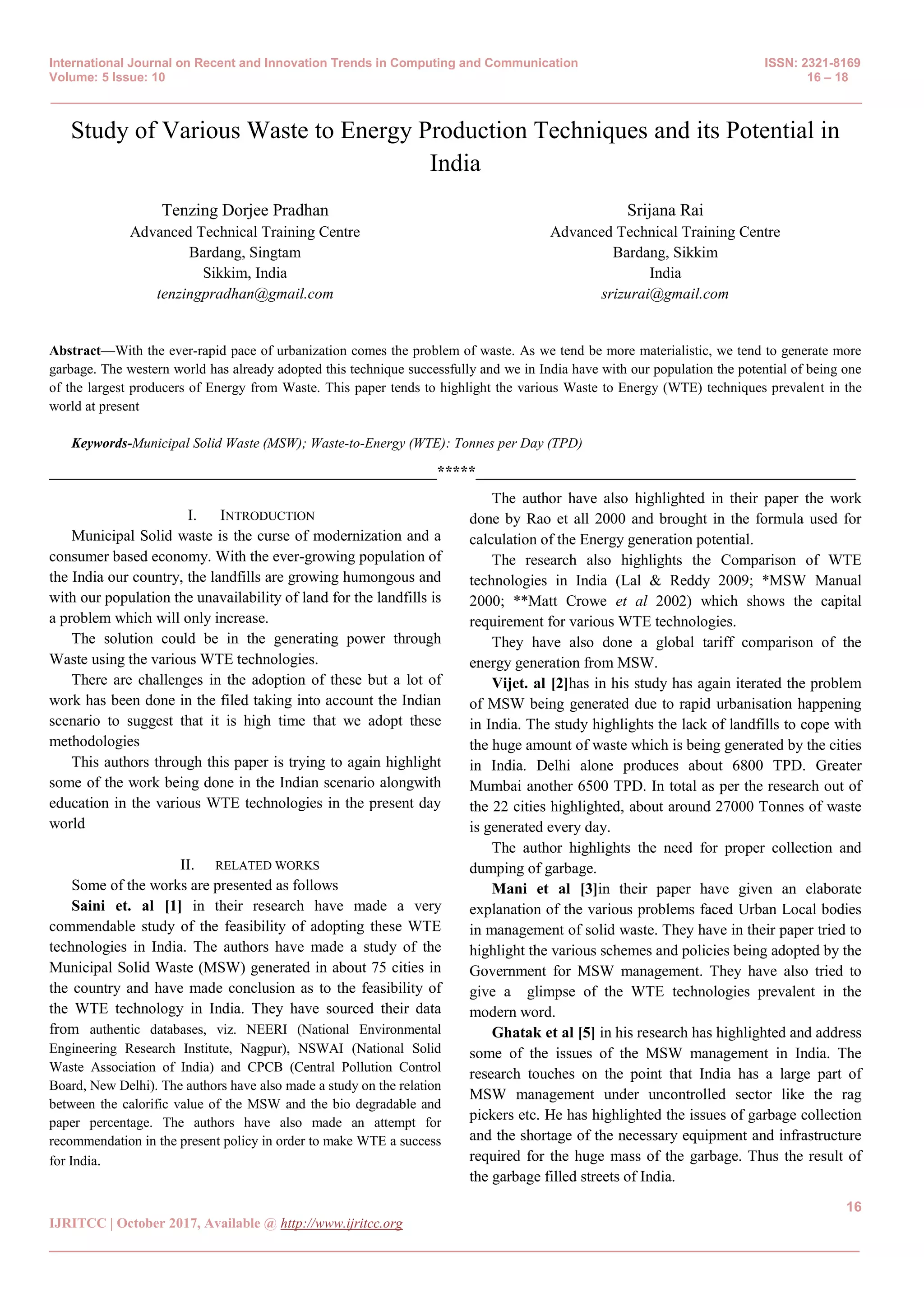 Study of Various Waste to Energy Production Techniques and its ...