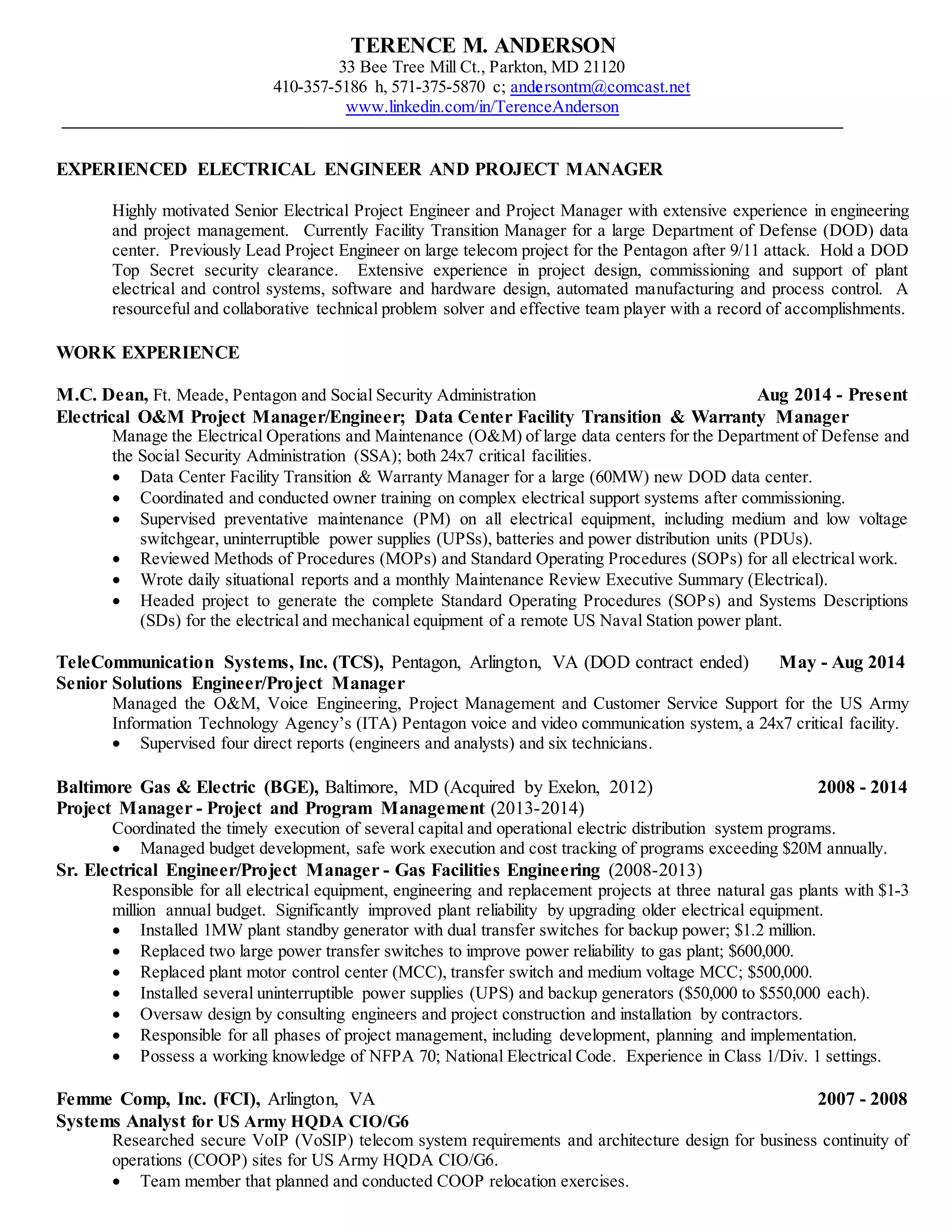Resume TERENCE ANDERSON Sr. Electrical Engineer & Project Manager ...