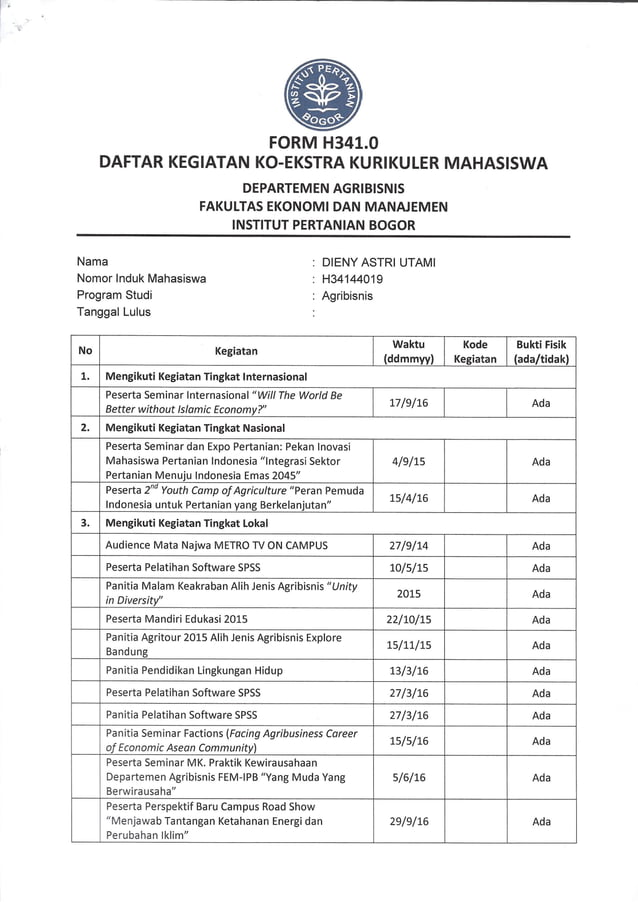 FORM H341.0 KO EKSTRAKURIKULER MAHASISWA | PDF