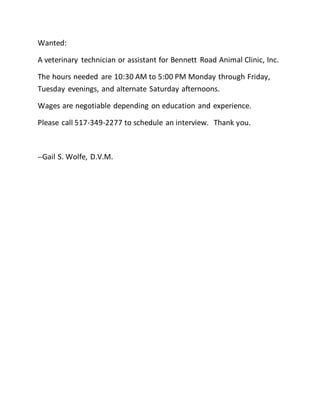 Wanted Veterinary Technician-Assistant | DOCX